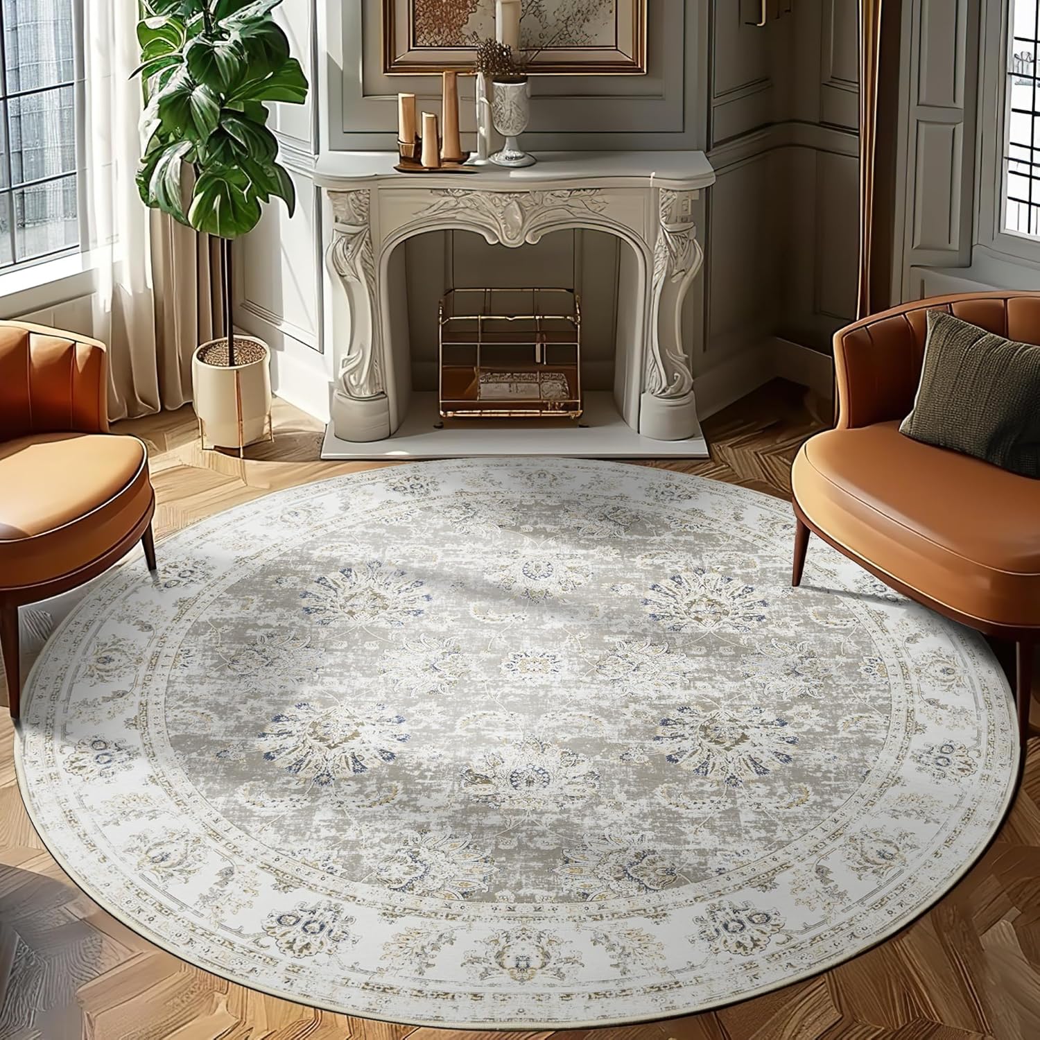 Amazon.com: jinchan Round Rug 7ft Area Rug - Taupe Vintage Floor Mat ...