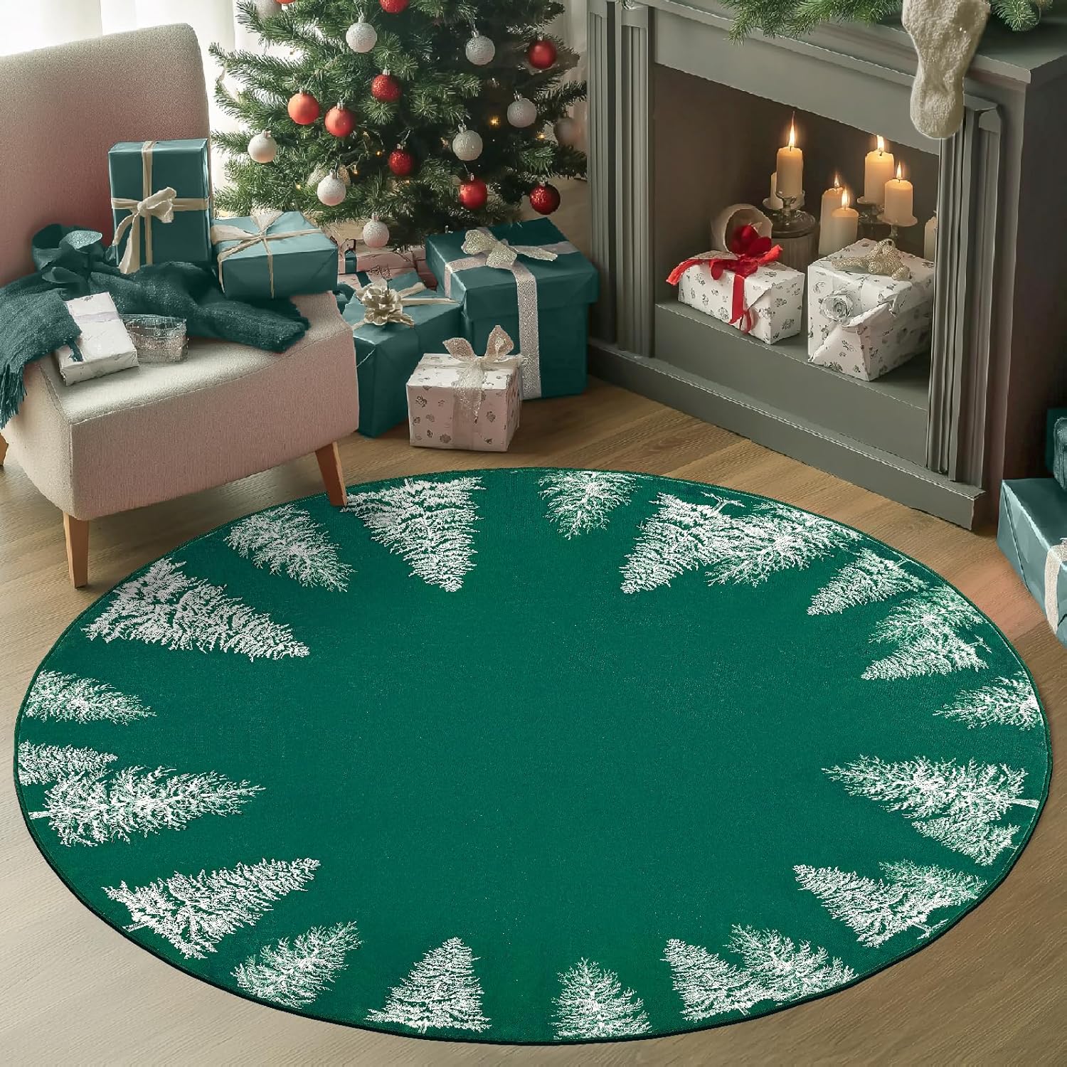 Amazon.com: jinchan Christmas Round Rug 5ft Area Rug Green Xmas Tree ...