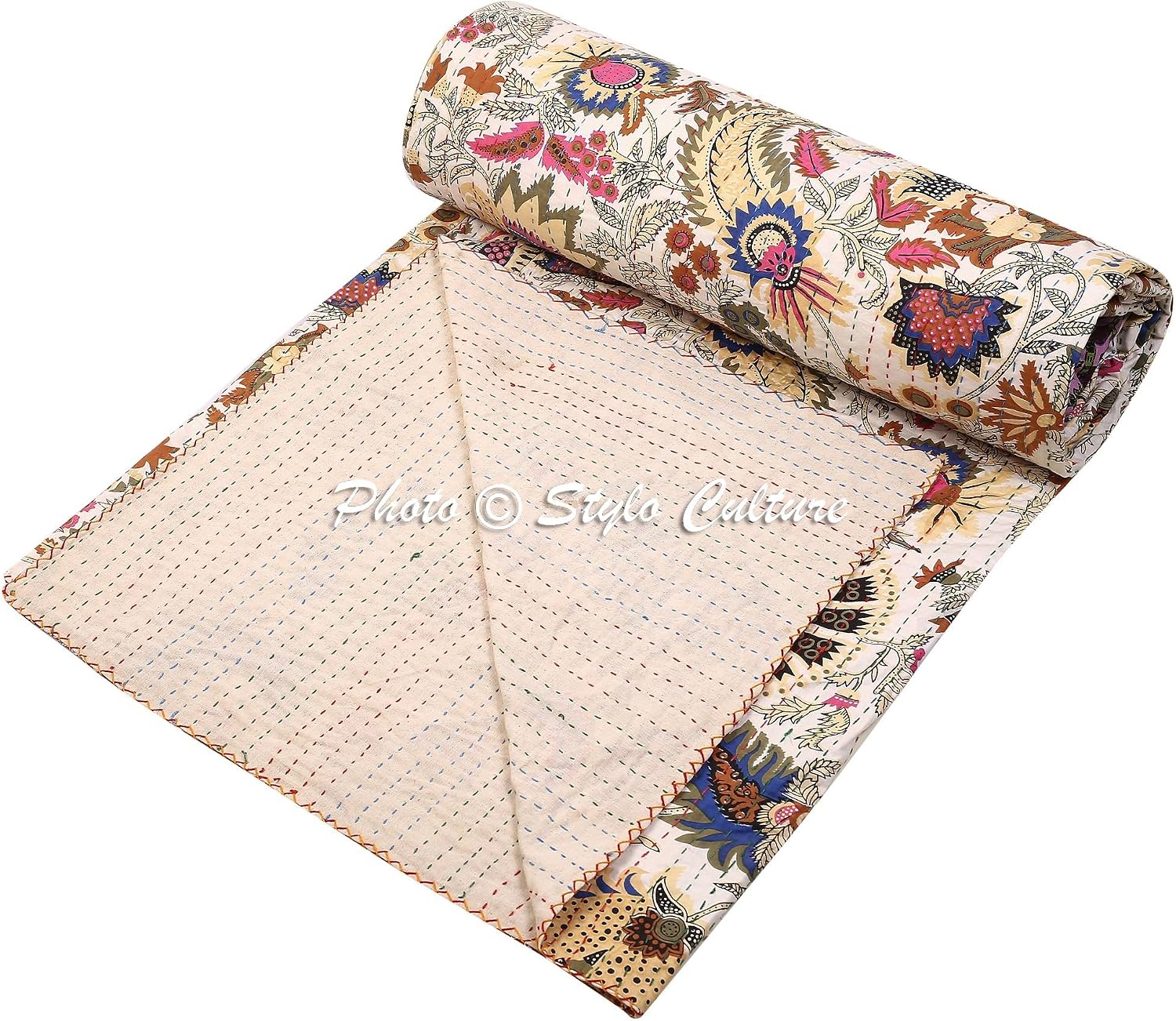 Amazon.com: Stylo Culture Quilted Bedspread Queen Size Kantha Bed Cover ...