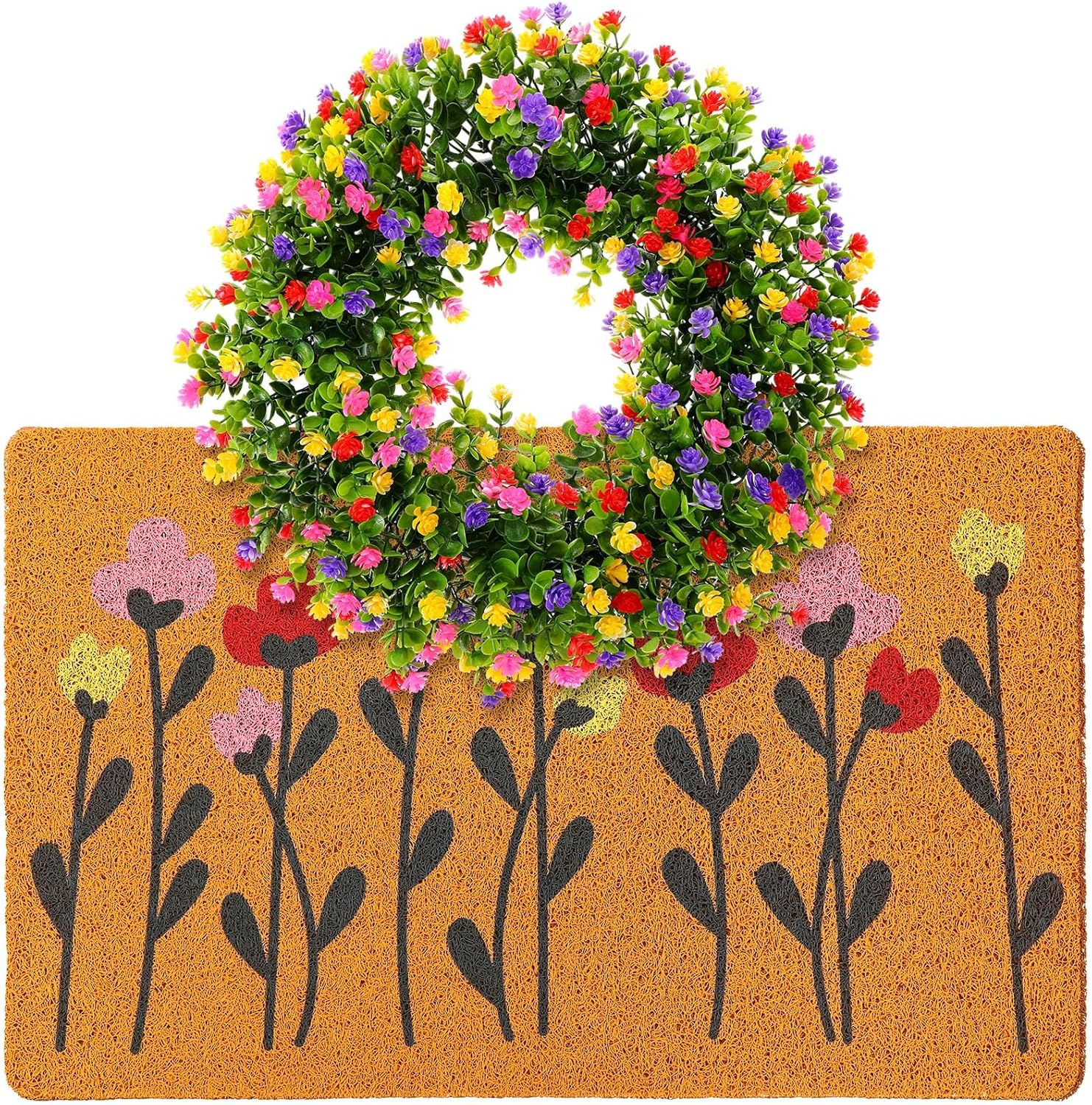 Amazon.com : Drydiet Floral Coir Doormat and Spring Wreath Set Flower ...