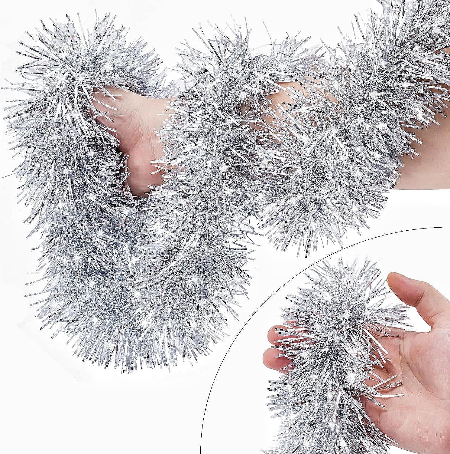 Amazon.com: 33FT Silver Tinsel Christmas Garland Metallic Twist Shiny ...