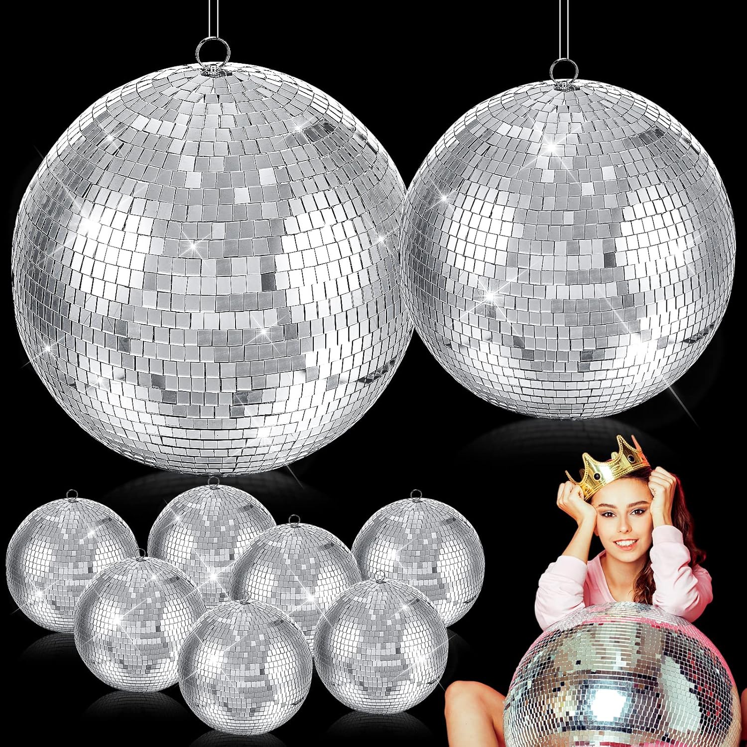 Amazon.com: Outus 9 Pcs 16 Inch Large Disco Balls Mirror Balls Ornaments, 16", 12", 4" Hanging ...