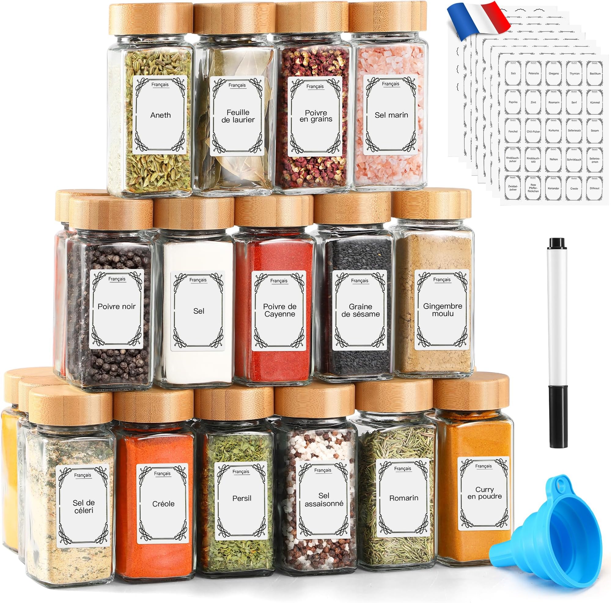 TUSEASY Pot à Épices en Verre et Bois avec Etiquette Épices Francais ...