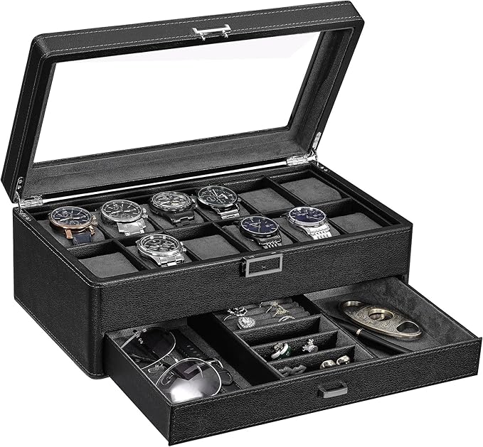 Amazon.com: BEWISHOME 12 Watch Box with Valet Drawer, Luxury Watch Case ...