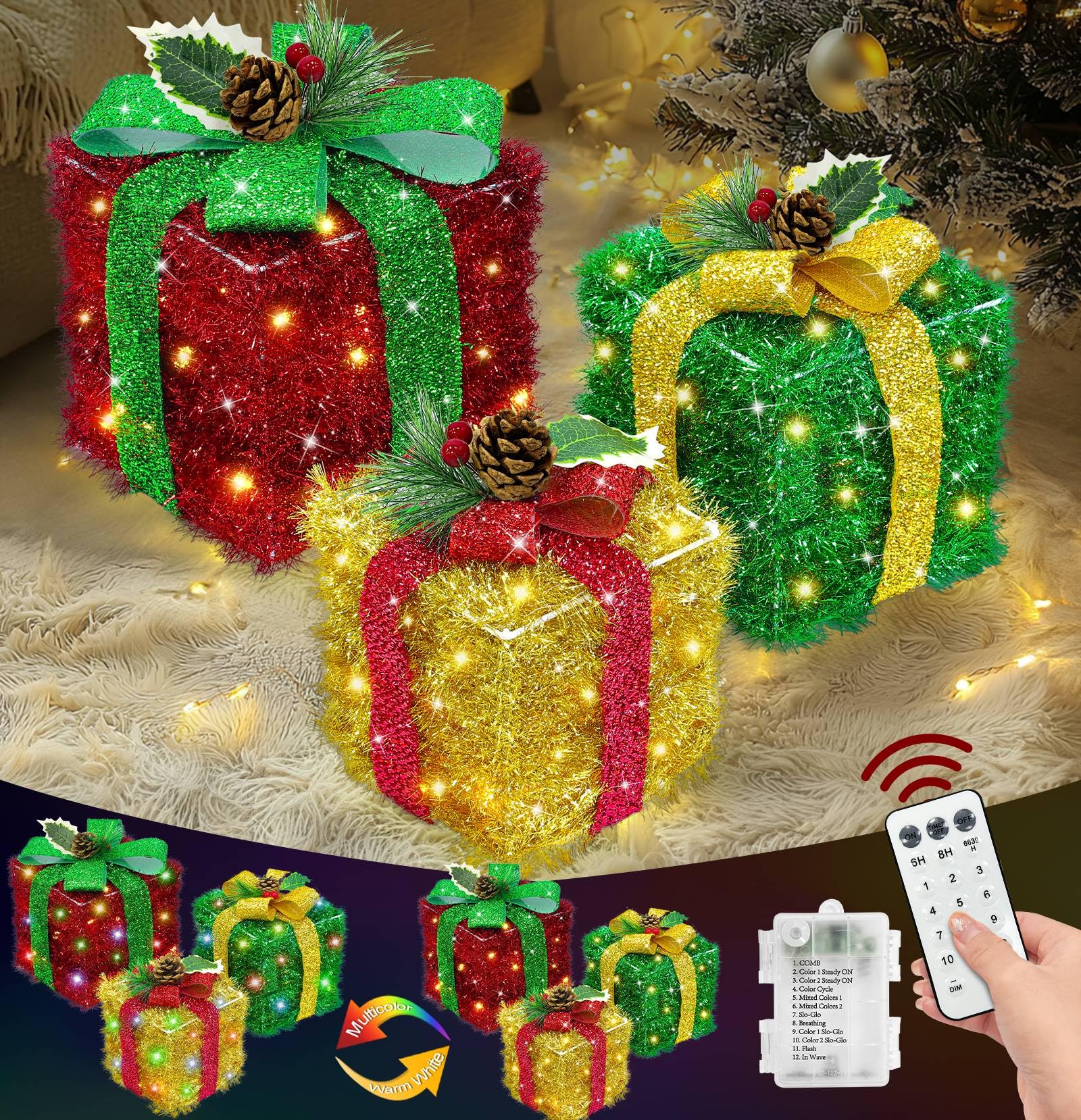 Amazon.com: 3 Pack Lighted Christmas Tinsel Gift Boxes Decor with 12 ...