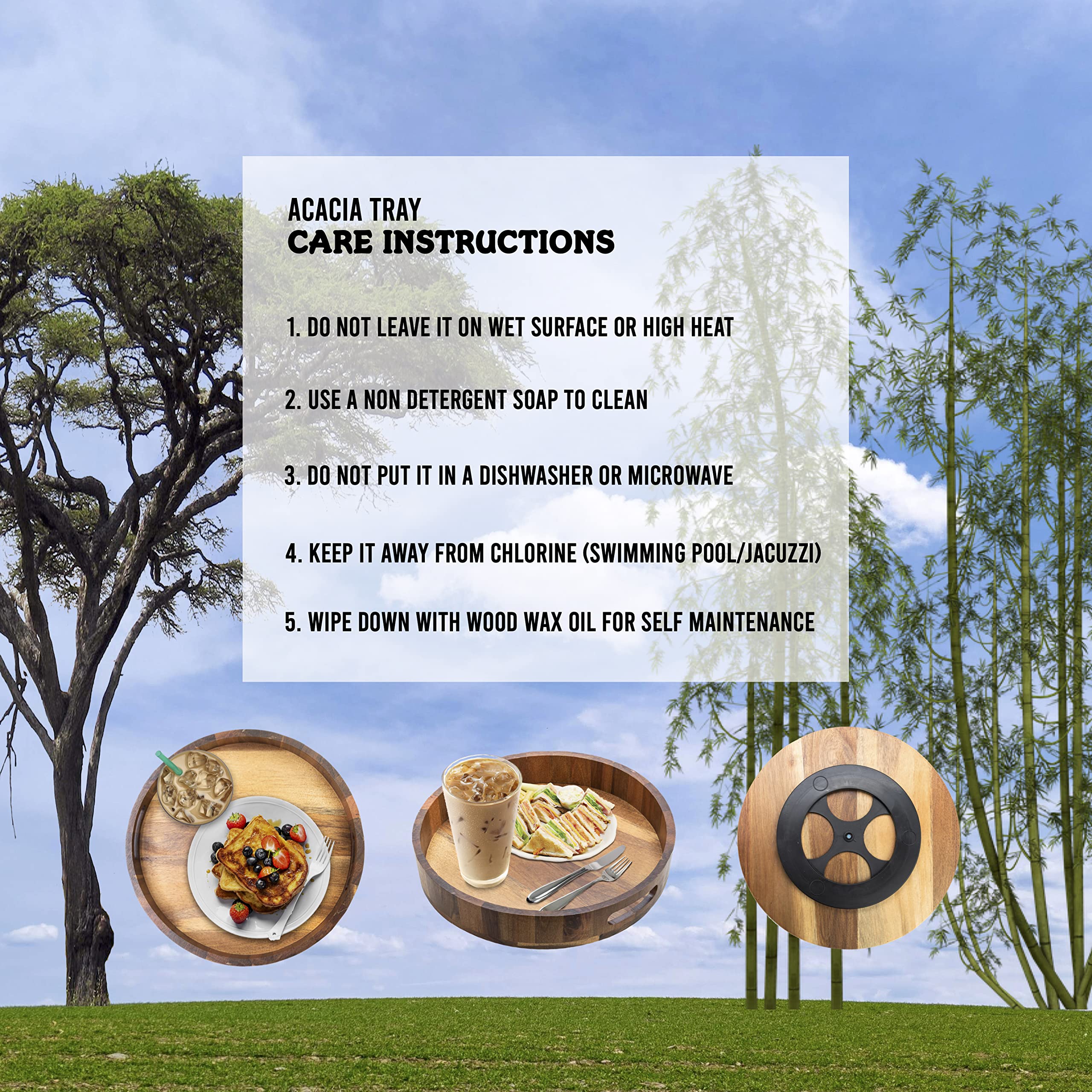 14" Wooden Tray, Natural Acacia Wood, Lazy Susan Rotating Mechanism ...