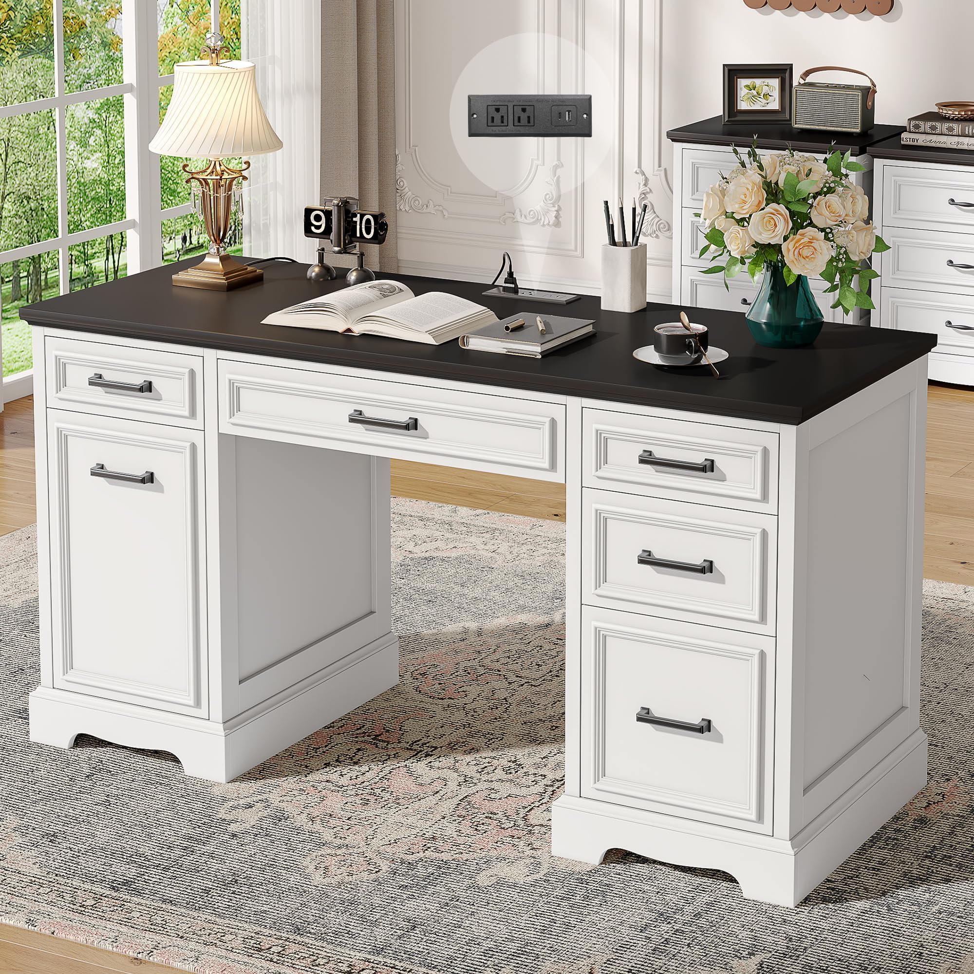 Amazon.com: Fynar White Farmhouse Executive Desk with Drawers and ...