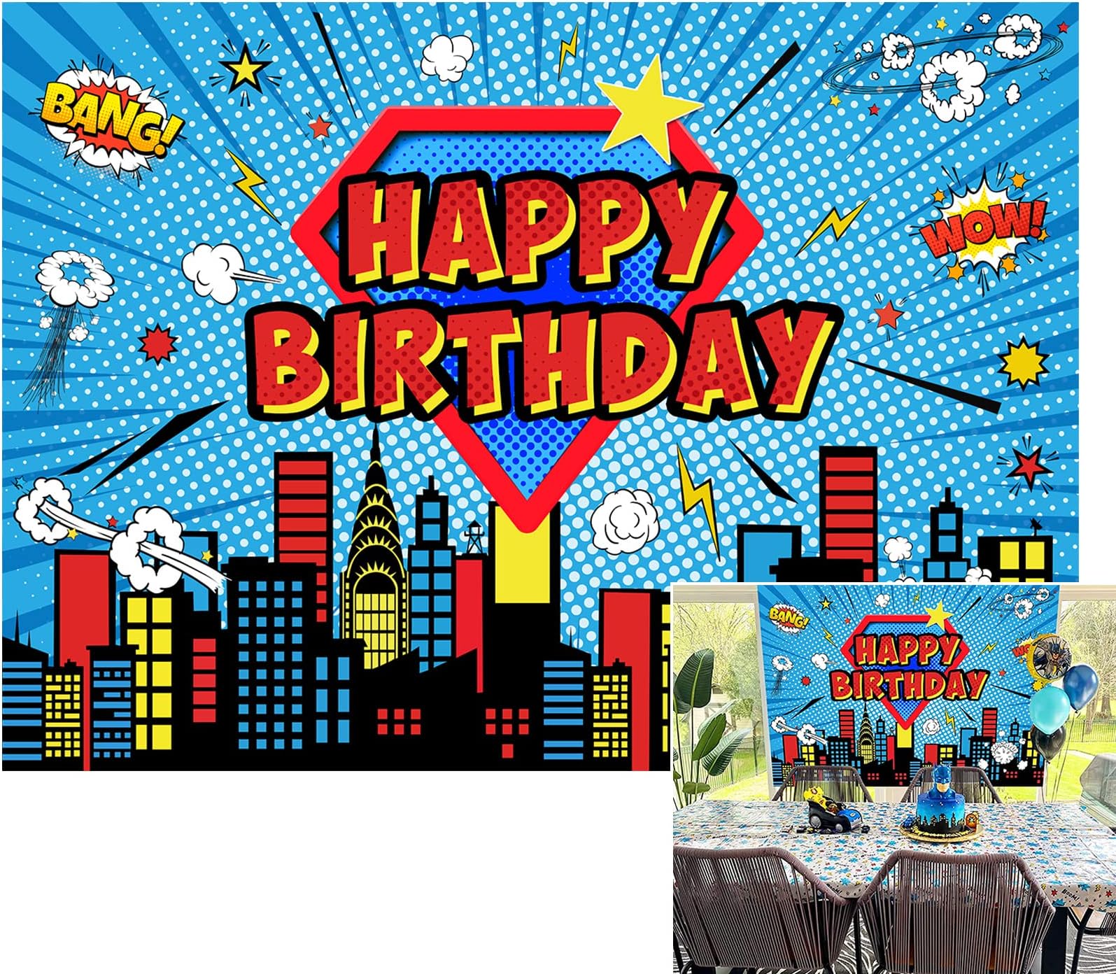 Amazon.com : Boys Super City Birthday 7x5FT Backdrop Blue Skyline Comic ...