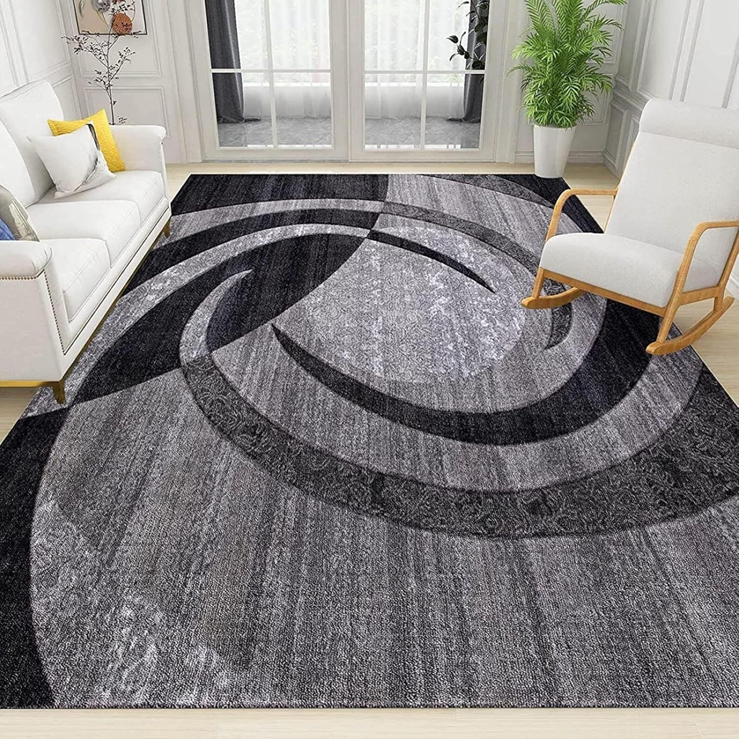 Amazon.com: Black Gray Wavy Circle Area Rug, Modern Abstract Design Art ...