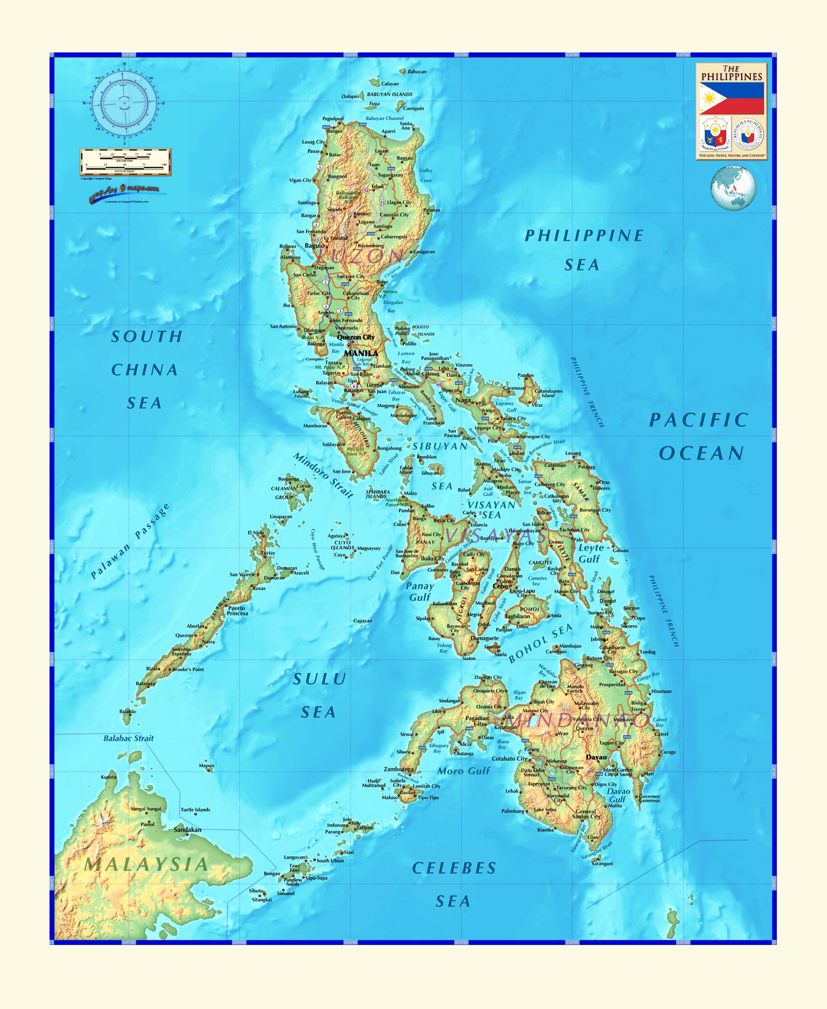 Decorative PHILIPPINES Physical Wall Map *Laminated* 36"x44": Compart ...