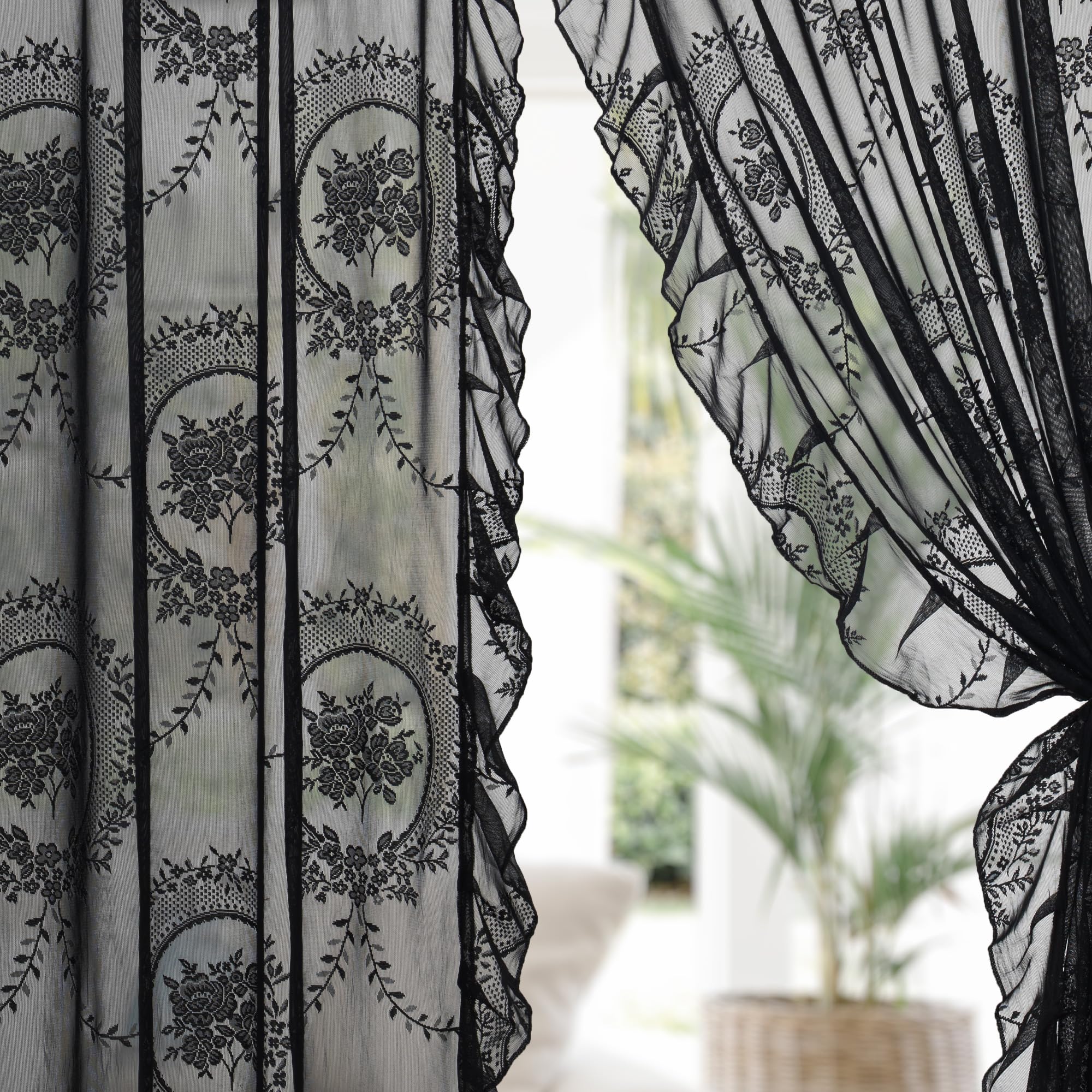 Amazon.com: KYMRose Black Lace Curtains 84 inches Long - 2 Panels Rose ...