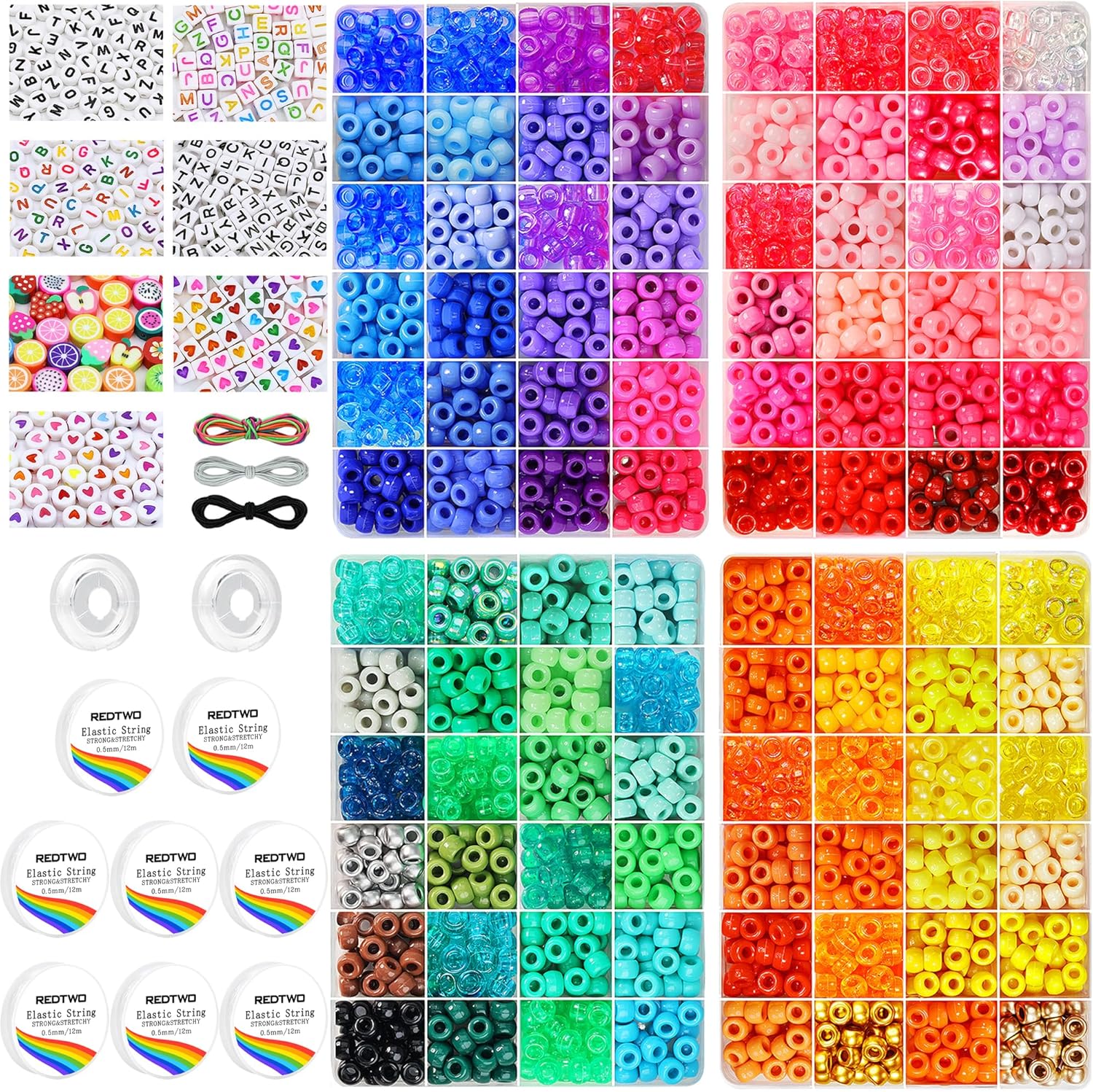 Amazon.com: Redtwo 96 Colors Pony Beads with 13 Rolls Elastic Bracelet ...