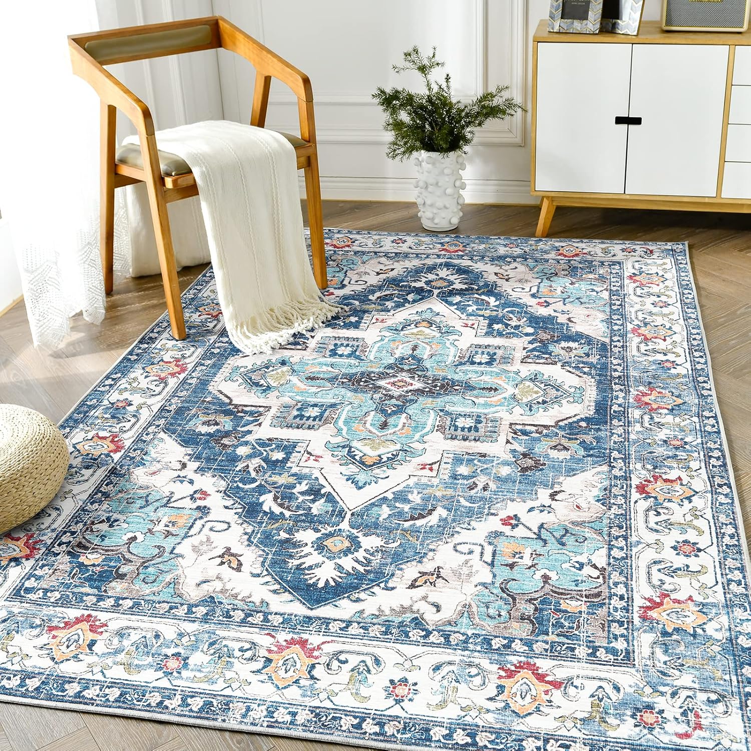 jinchan Area Rug 6x9 Persian Rug Navy Blue Foldable Thin Rug Chenille ...