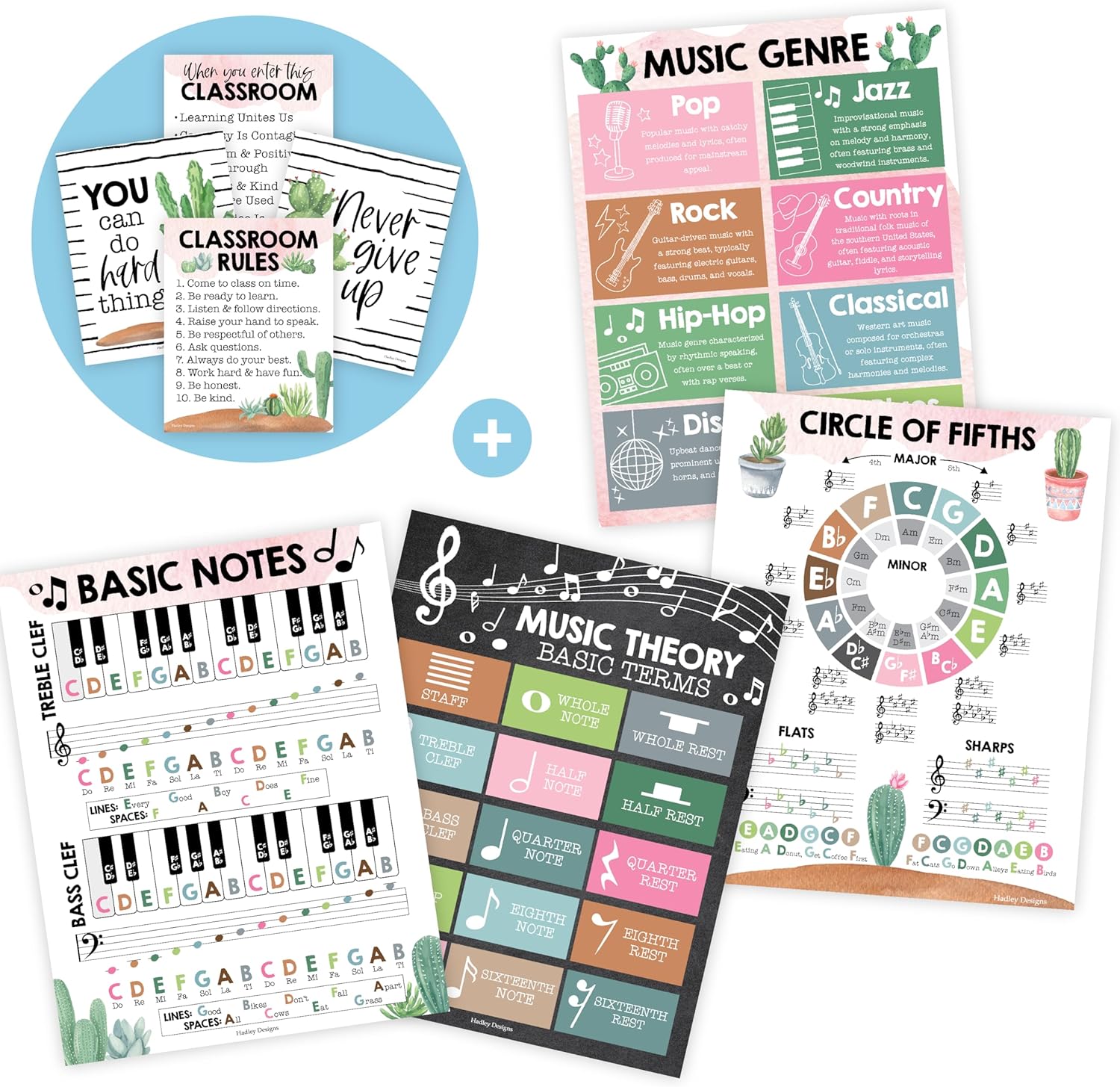 Amazon.com : Hadley Designs 9 Cactus Music Classroom Posters, 9 ...