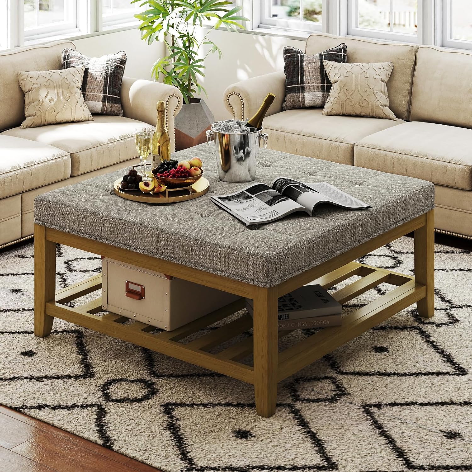 Amazon.com: Befurtori Large Square Ottoman Coffee Table, Linen Solid ...