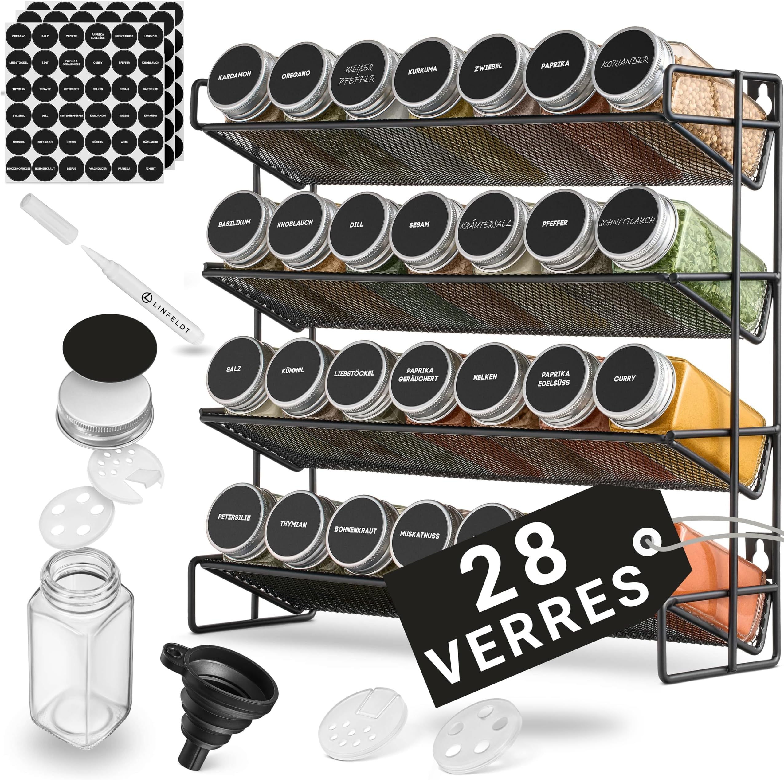 LINFELDT®️ Étagère à épices avec 28 bocaux - 108 autocollants + stylo ...