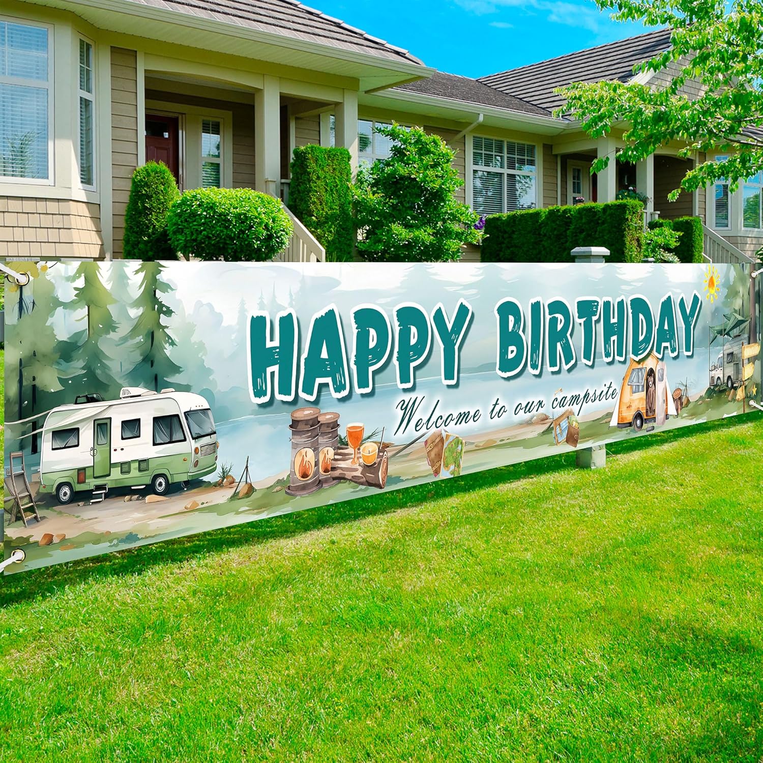 Amazon.com: Large Camping Happy Birthday Backdrop Banner Watercolor ...