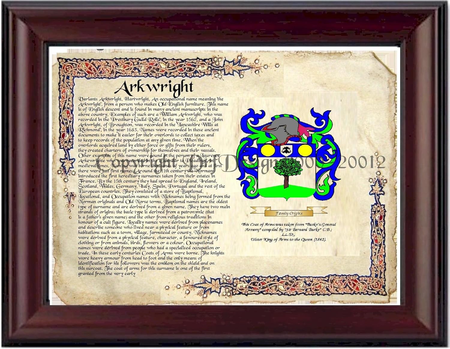 Arkwright Coat of Arms/ Family History 11" x 13 " Wood Framed on Fine ...