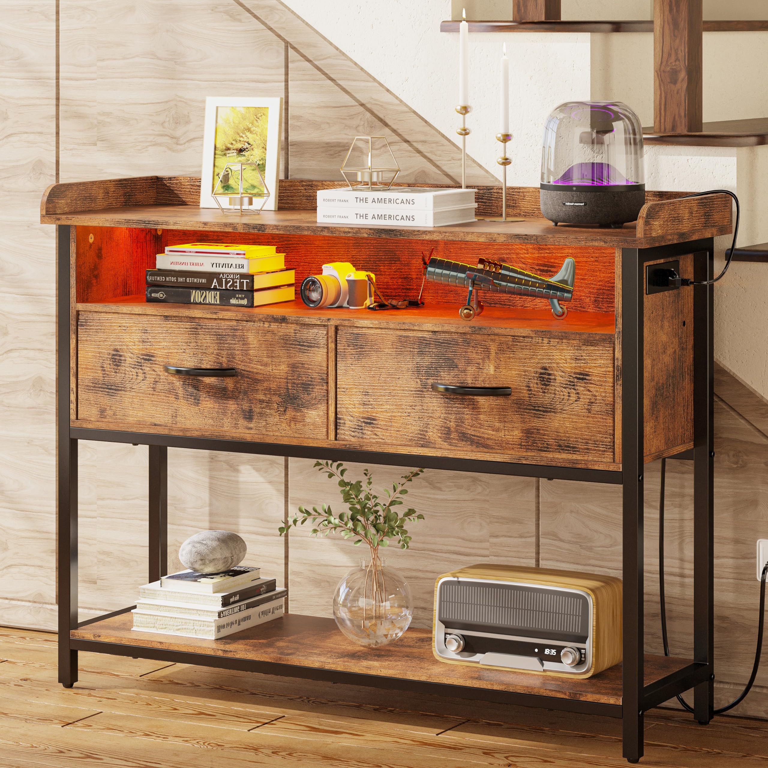 IRONCK Entryway Table with Power Outlet and LED Light, Console Table ...