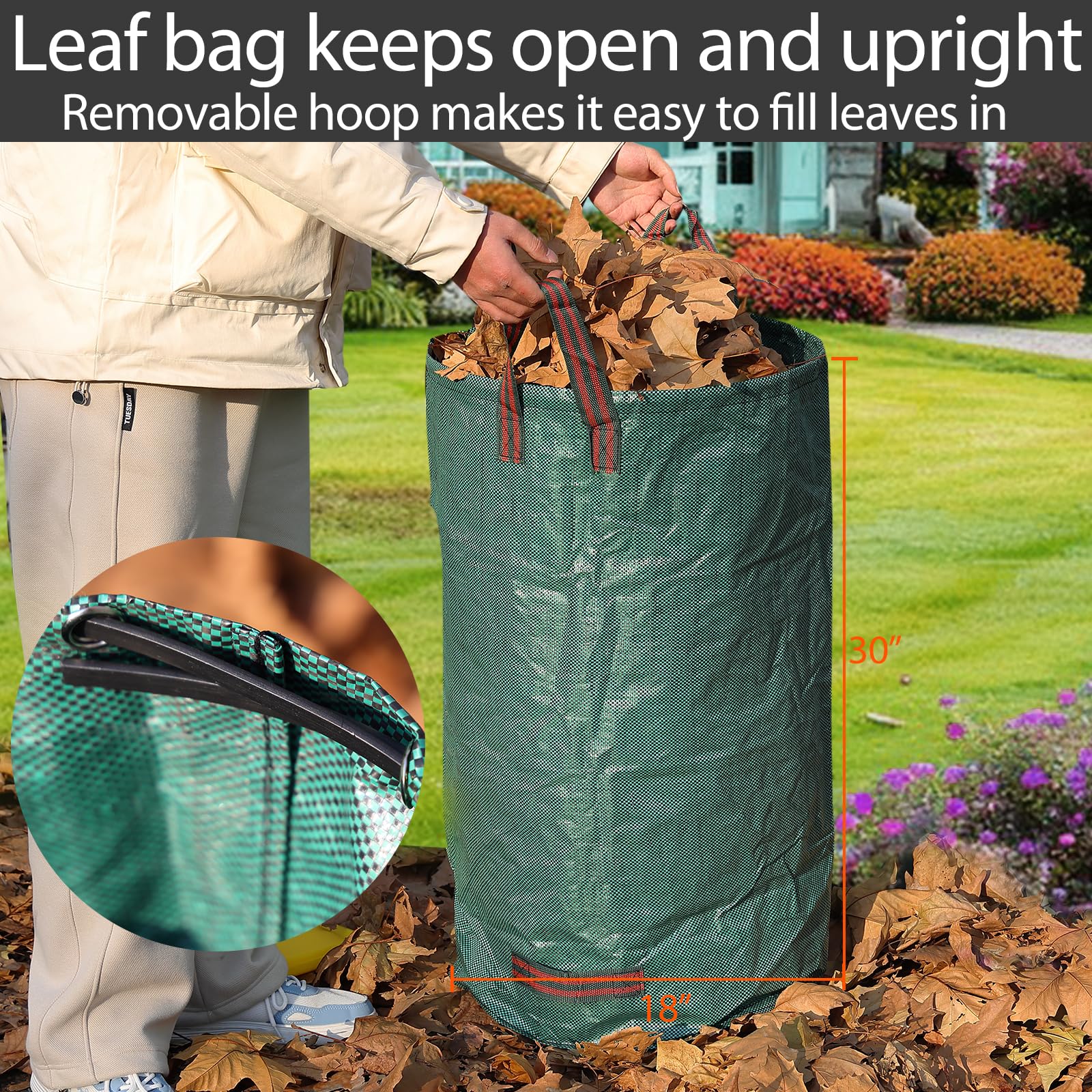 Metal Leaf Rake Set With 25 Sturdy Tines, 32 Gallon Self-Standing