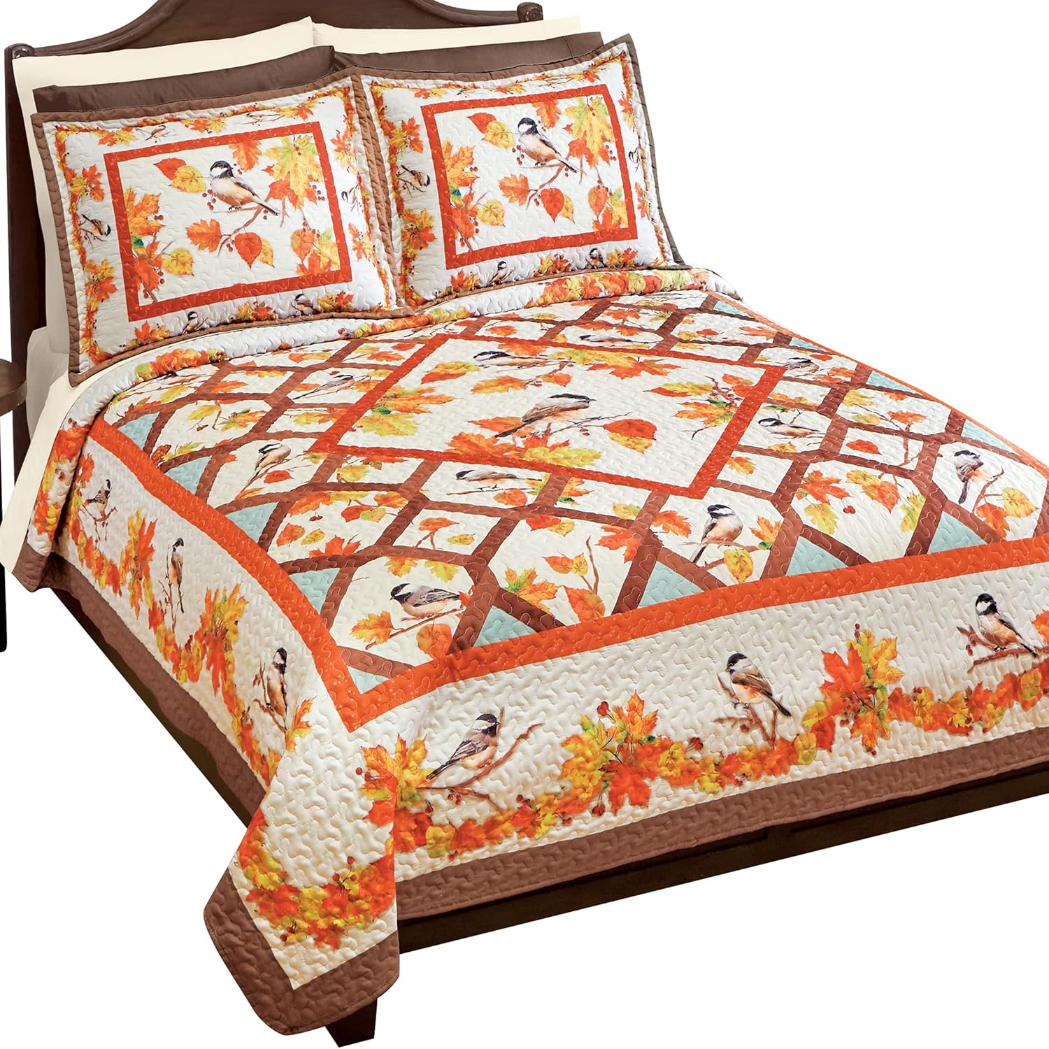 Amazon.com: Fall Chickadee and Leaves Lattice Design Quilt : Home & Kitchen