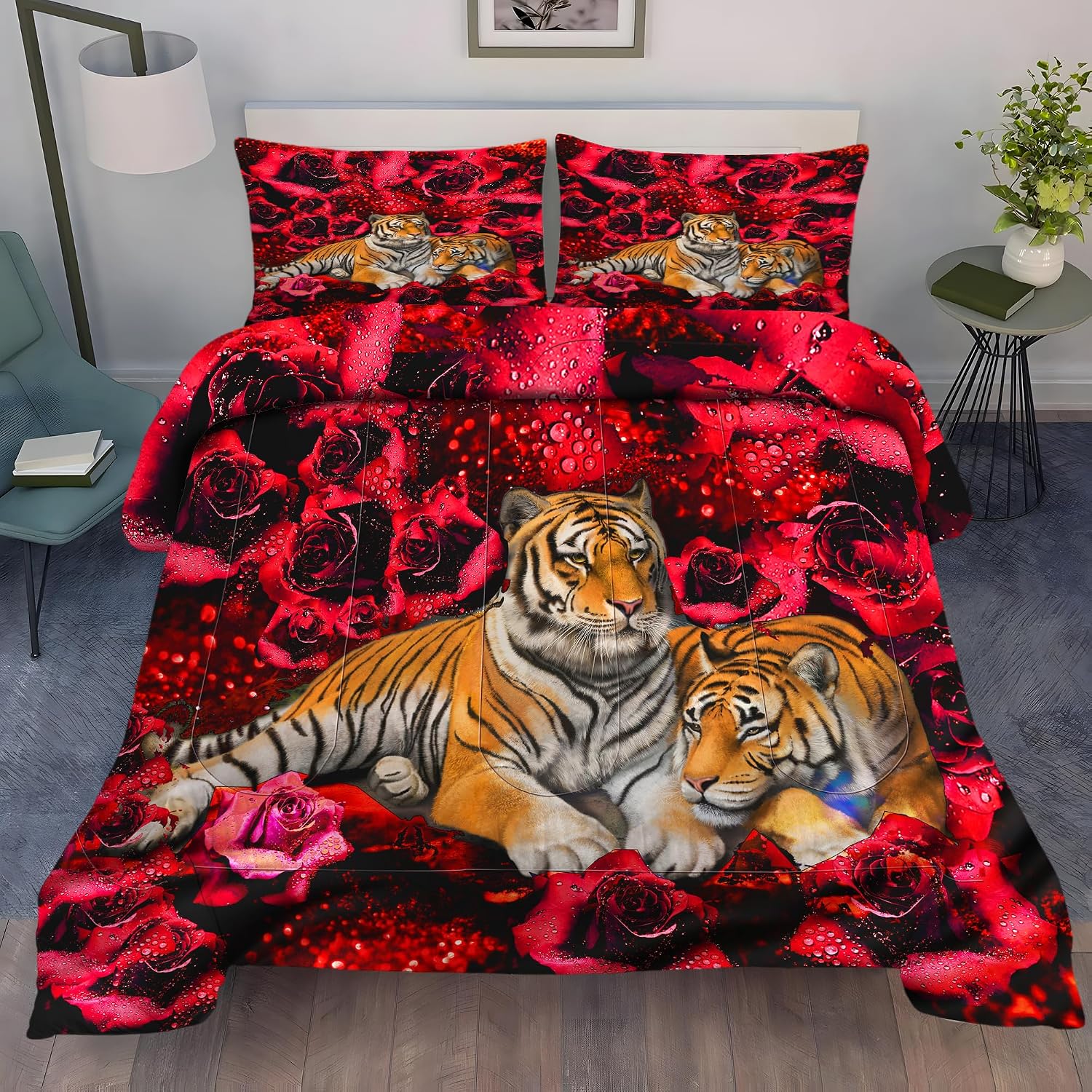 Amazon.com: HCHUANG Tiger Bedding Sets Red Rose Flower Comforter Set ...