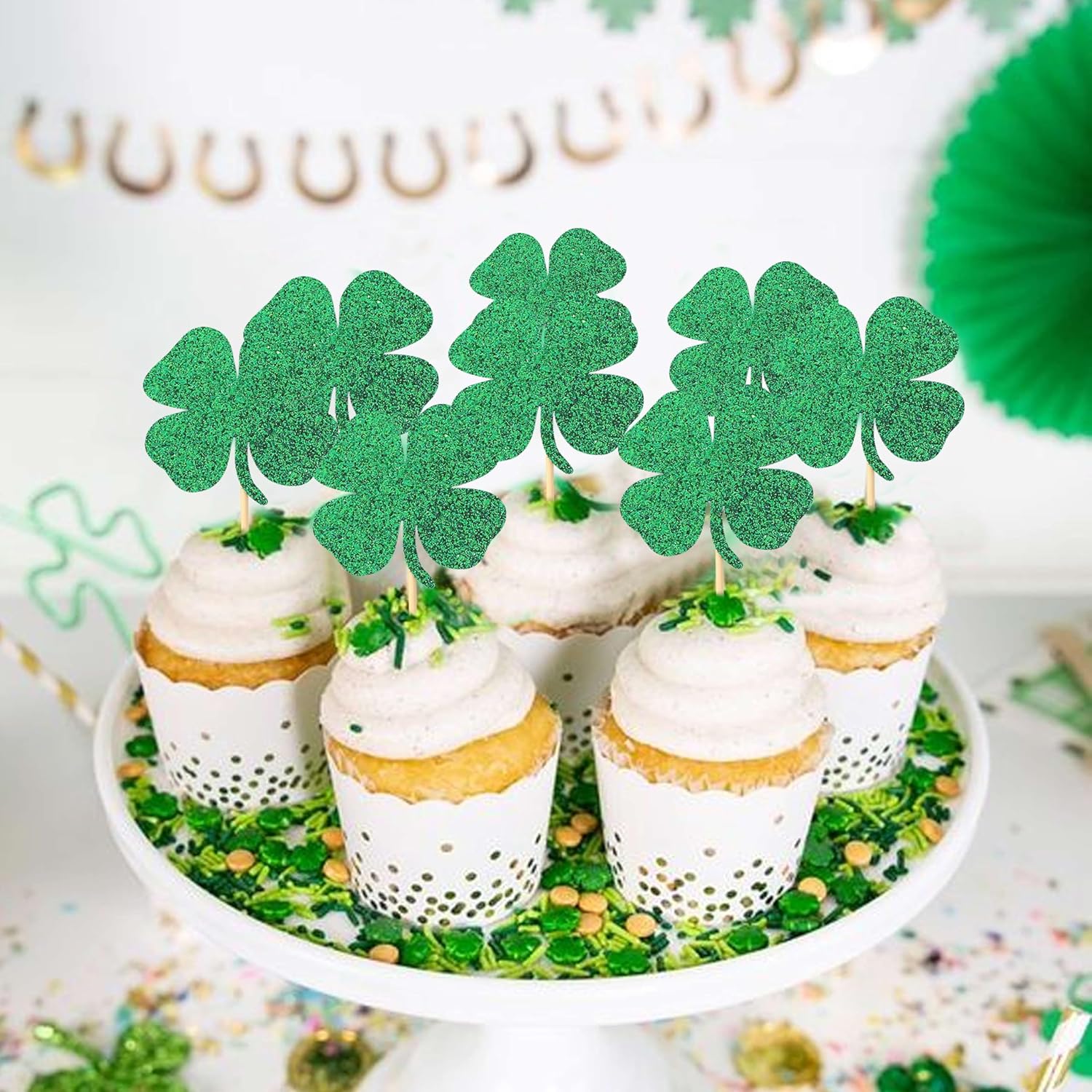 Amazon.com: 12PCS St Patrick's Day Cupcake Toppers - Four Leaf Clover ...