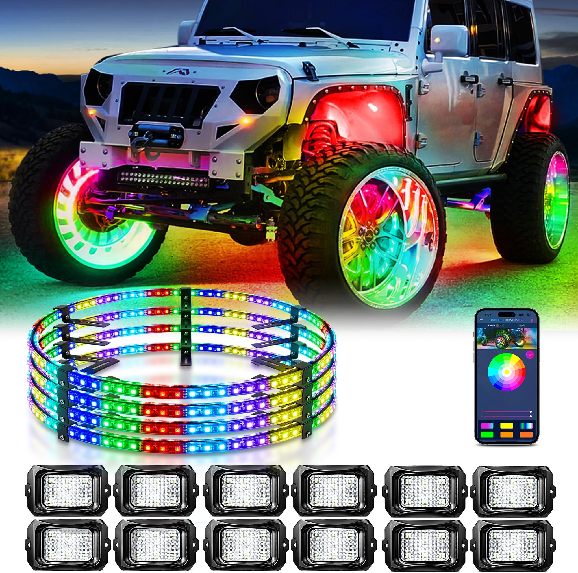 Amazon.com: MICTUNING 12 Pods C2 RGB+IC LED Rock Lights Kit with 17inch ...