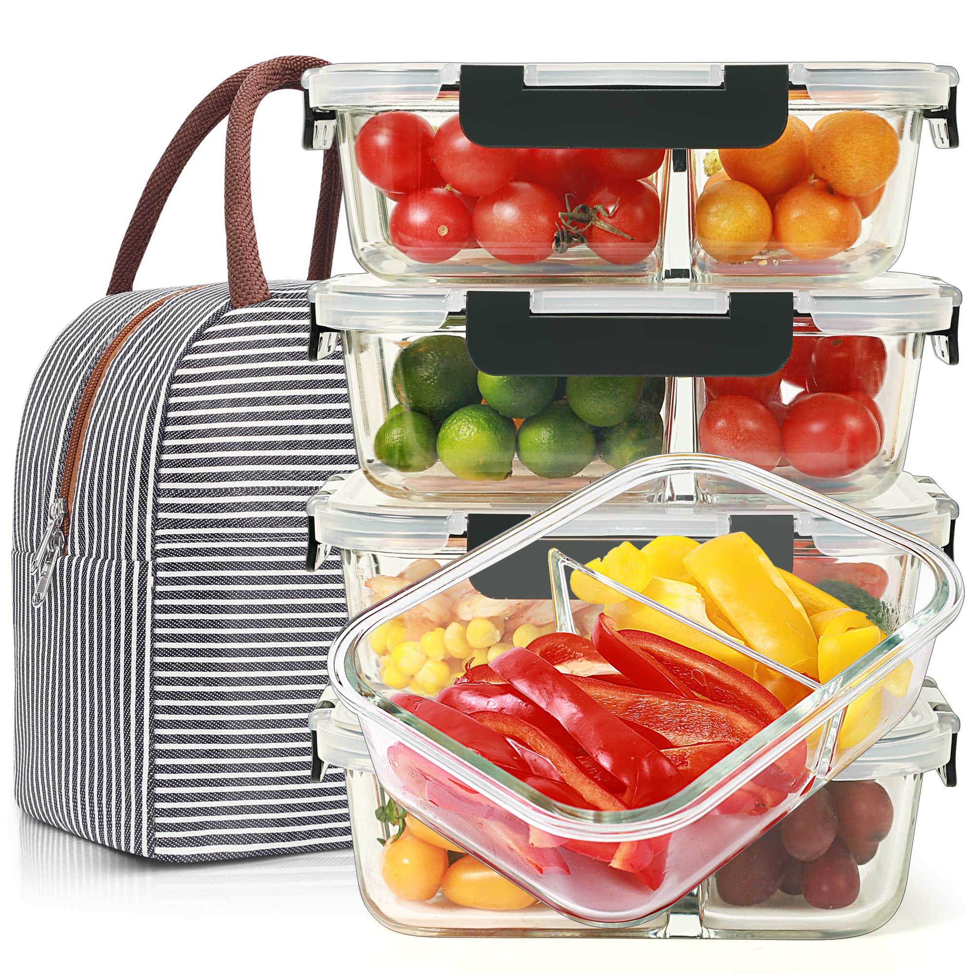 DAS TRUST 5 Pack 36oz Food Storage Containers 2 Compartments Glass Meal ...