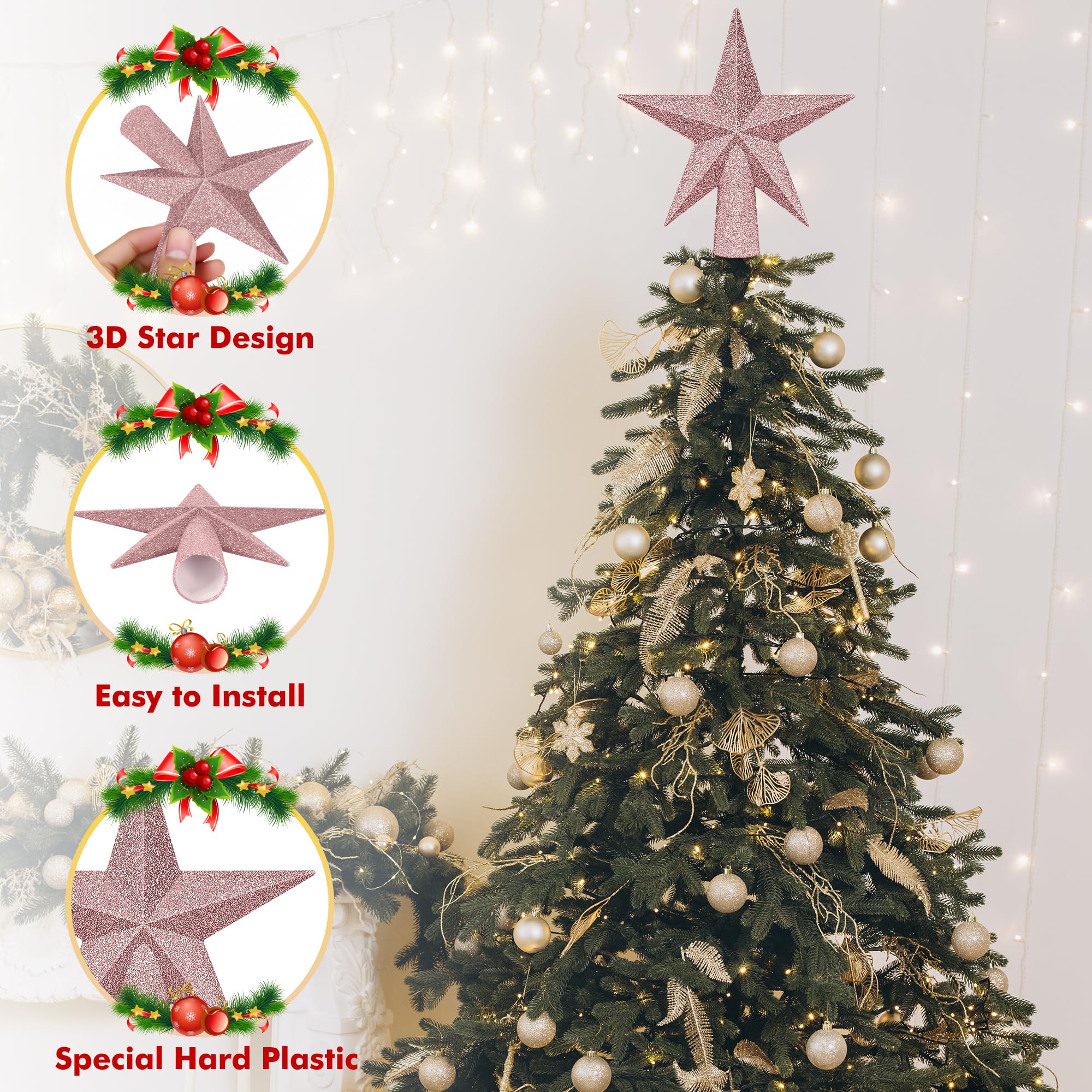 Snapklik.com : Tree Topper Star, 6" Rose Gold Christmas Star Tree ...