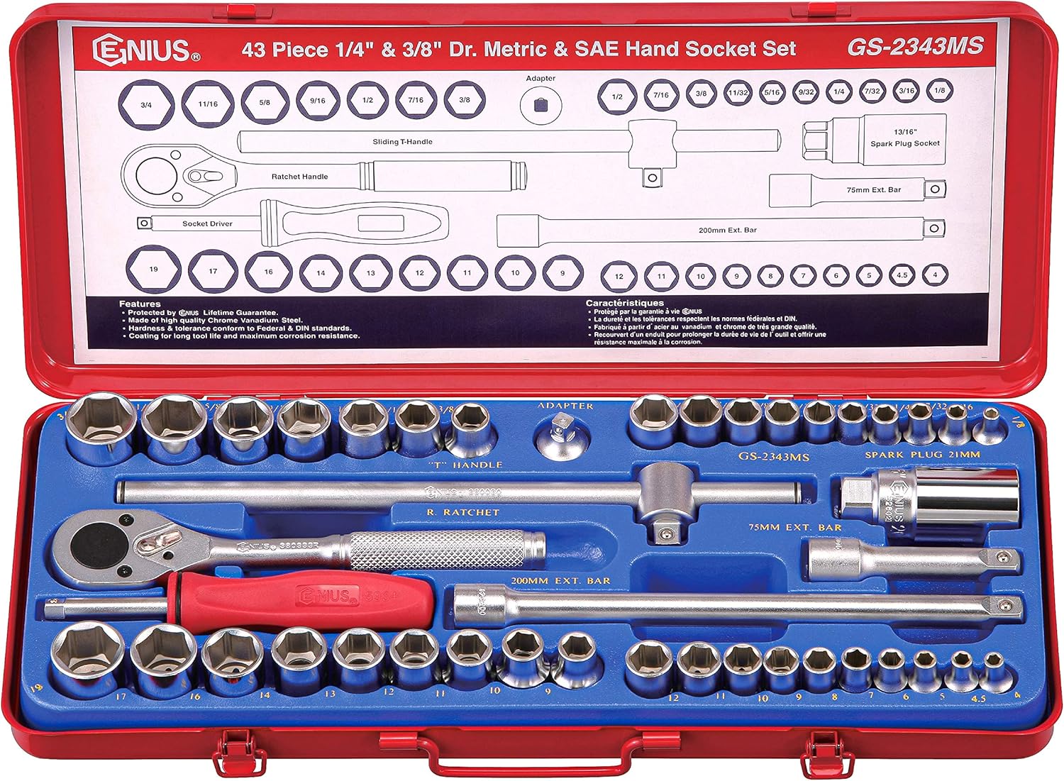 Genius Tools 43 Piece 1/4" & 3/8" Dr. Metric & SAE Hand Socket Set GS ...