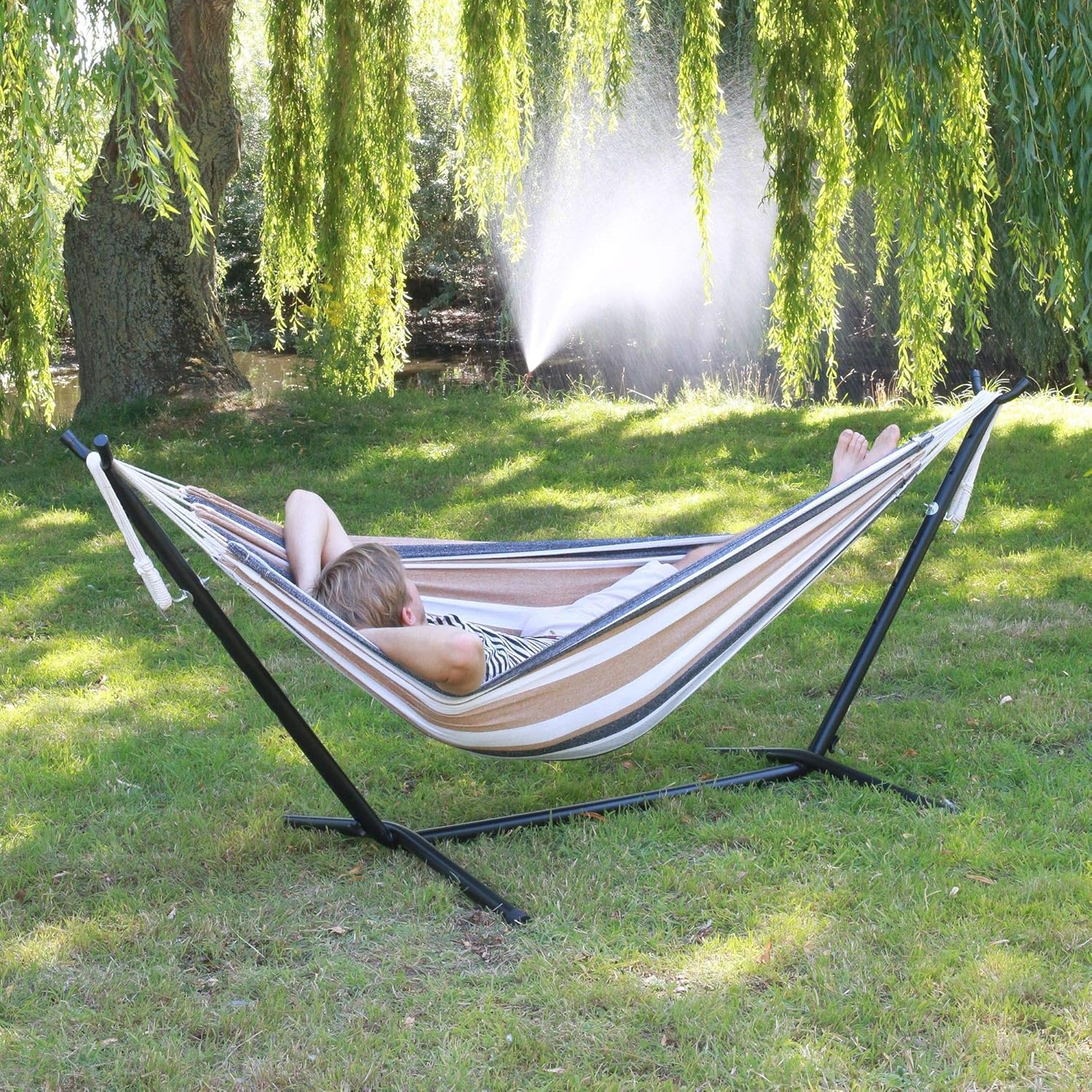 SKYLANTERN Hamac sur Pied 150cm Gris et Beige -Hamac avec Support en ...