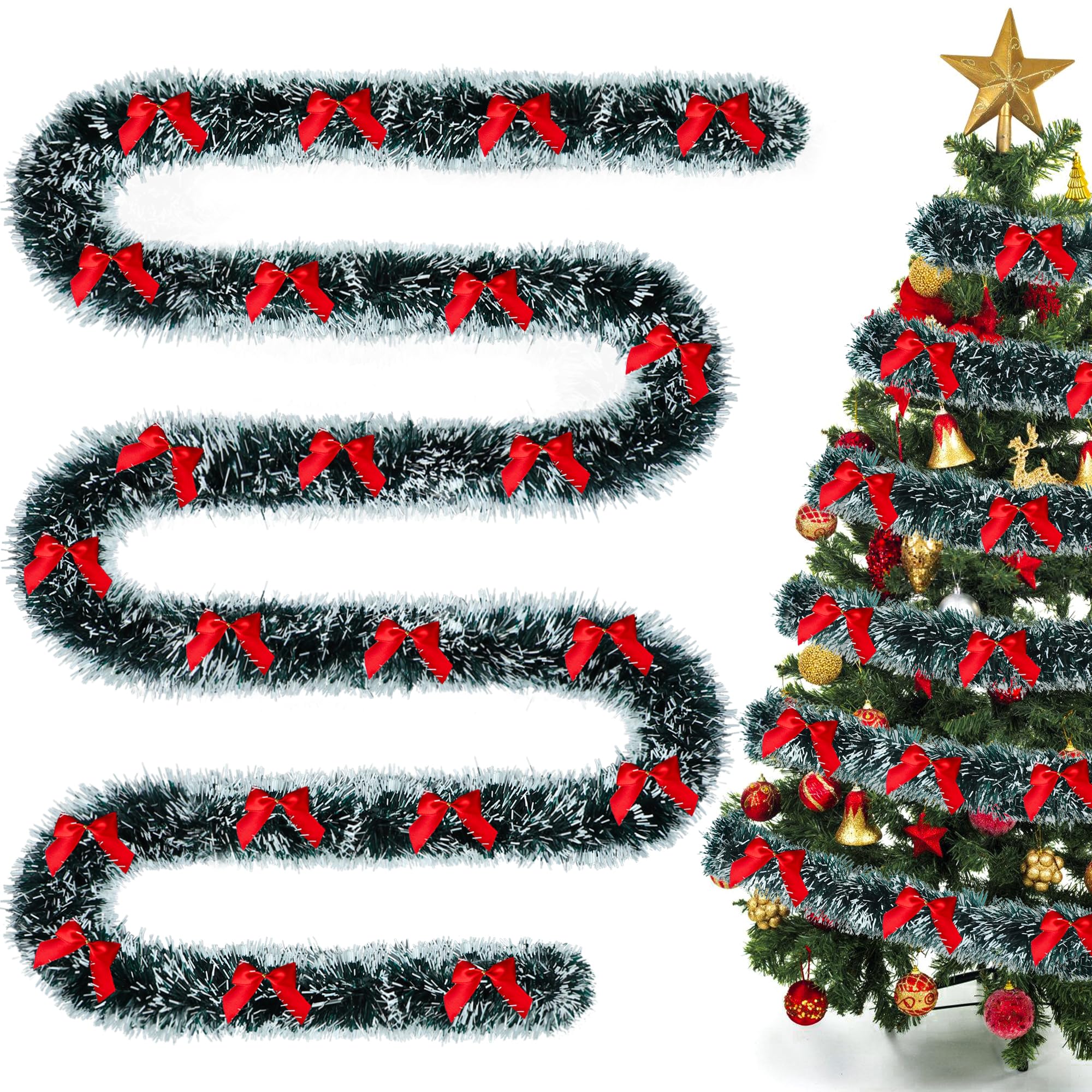 Amazon.com: 50Ft Christmas Tinsel Garland Dark Green Frost Tip Metallic ...