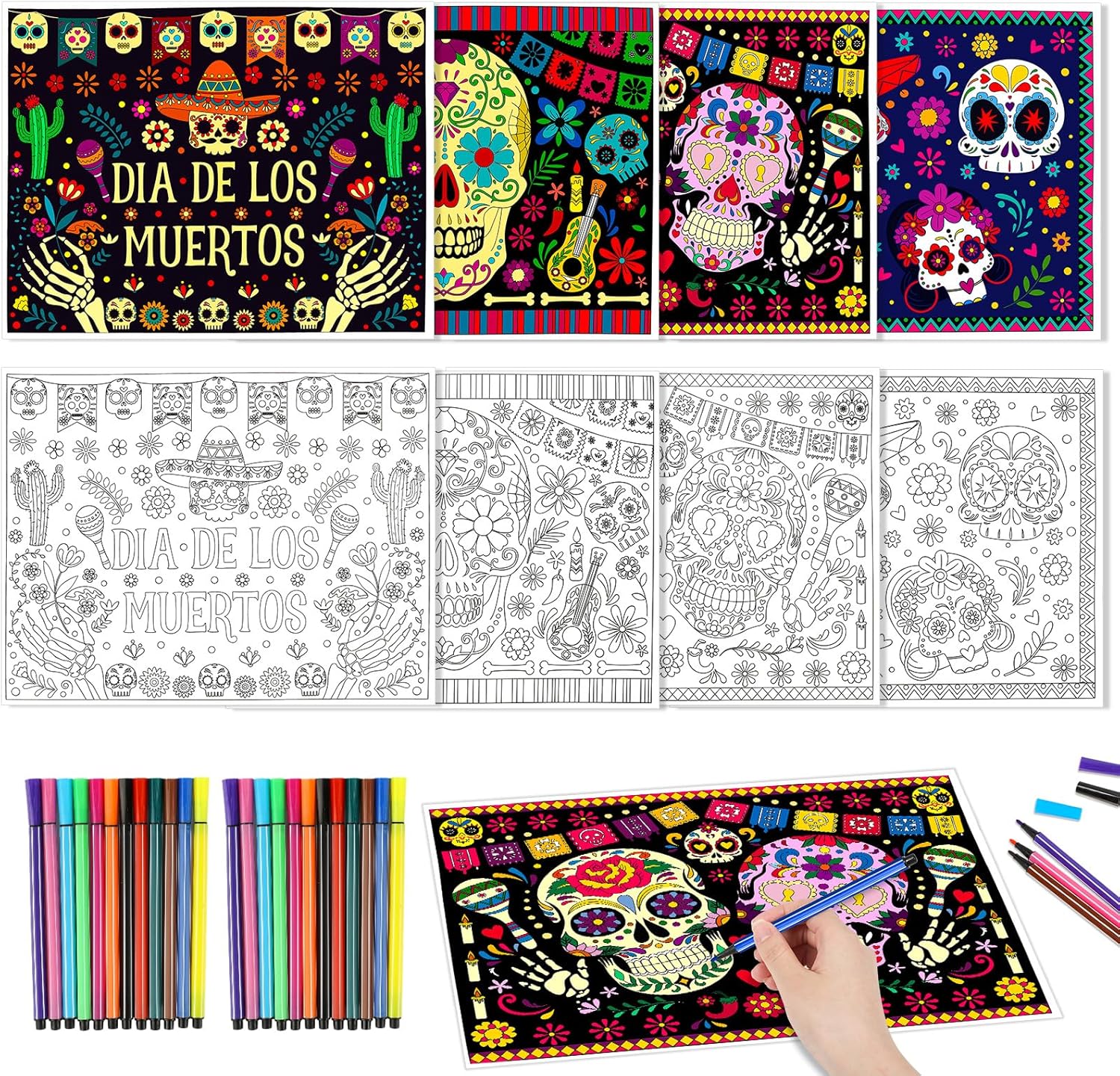 HOWAF 24 PCS Sugar Skull Day of The Dead Coloring Placemats with 24 ...