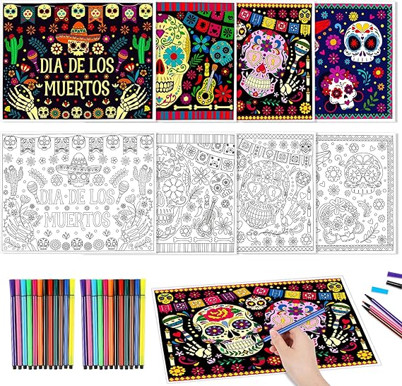 Amazon.com: HOWAF 24 PCS Sugar Skull Day of The Dead Coloring Placemats ...