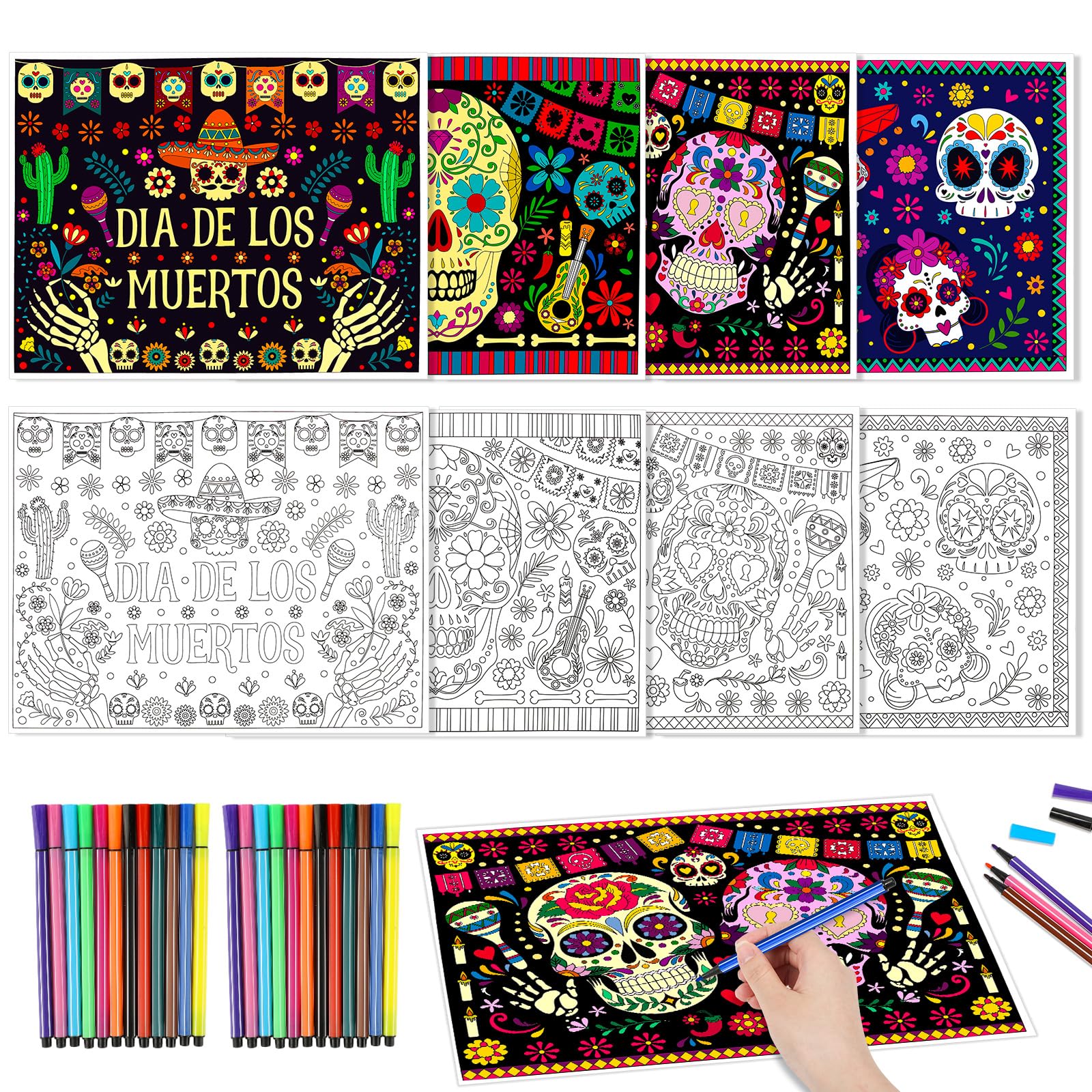 Amazon.com: HOWAF 24 PCS Sugar Skull Day of The Dead Coloring Placemats ...