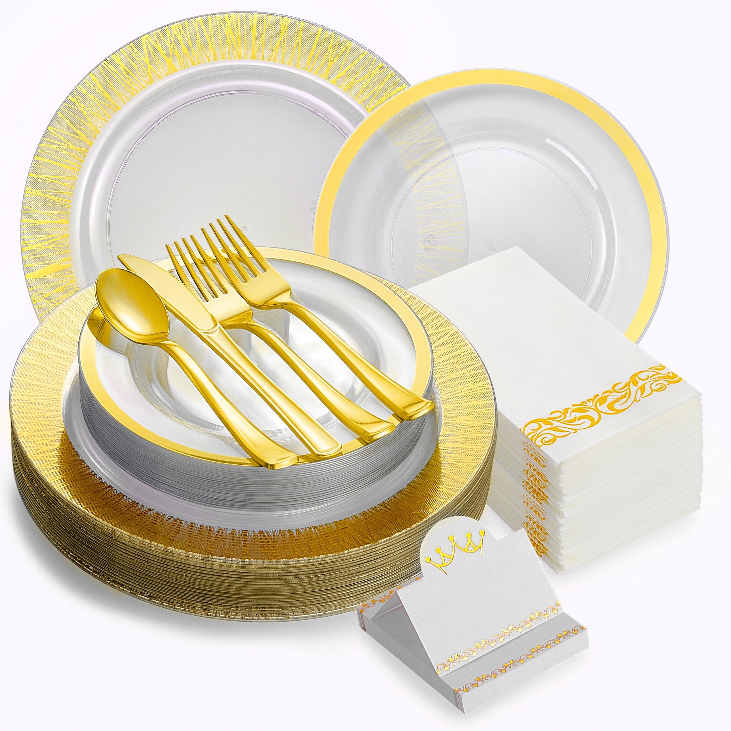 Amazon.com: 125 Piece Gold Dinnerware Party Set - 50 Gold Rim Clear ...