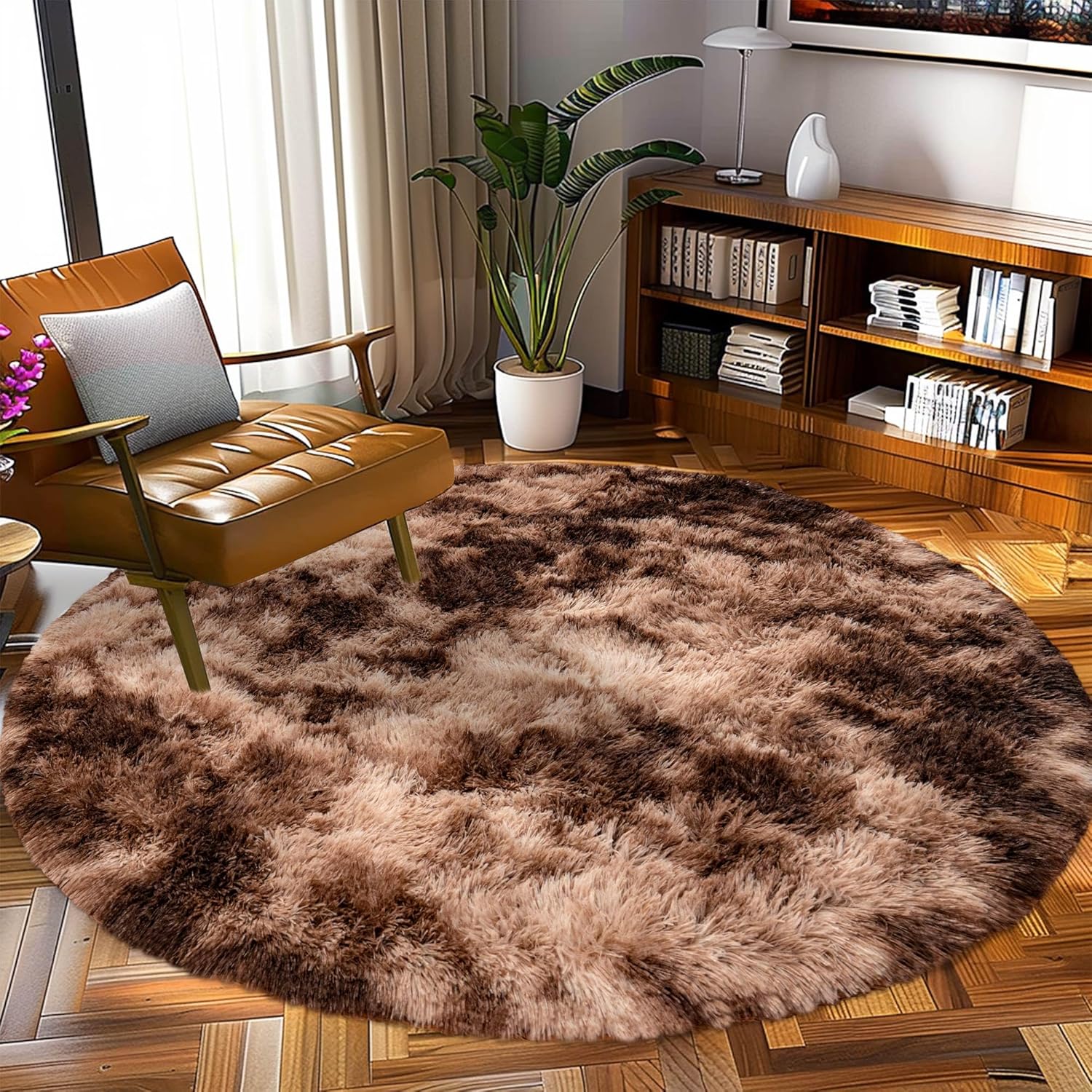 Amazon.com: Awaytail Round Fluffy Rug 5FT Tie-dye Brown - Super Soft ...