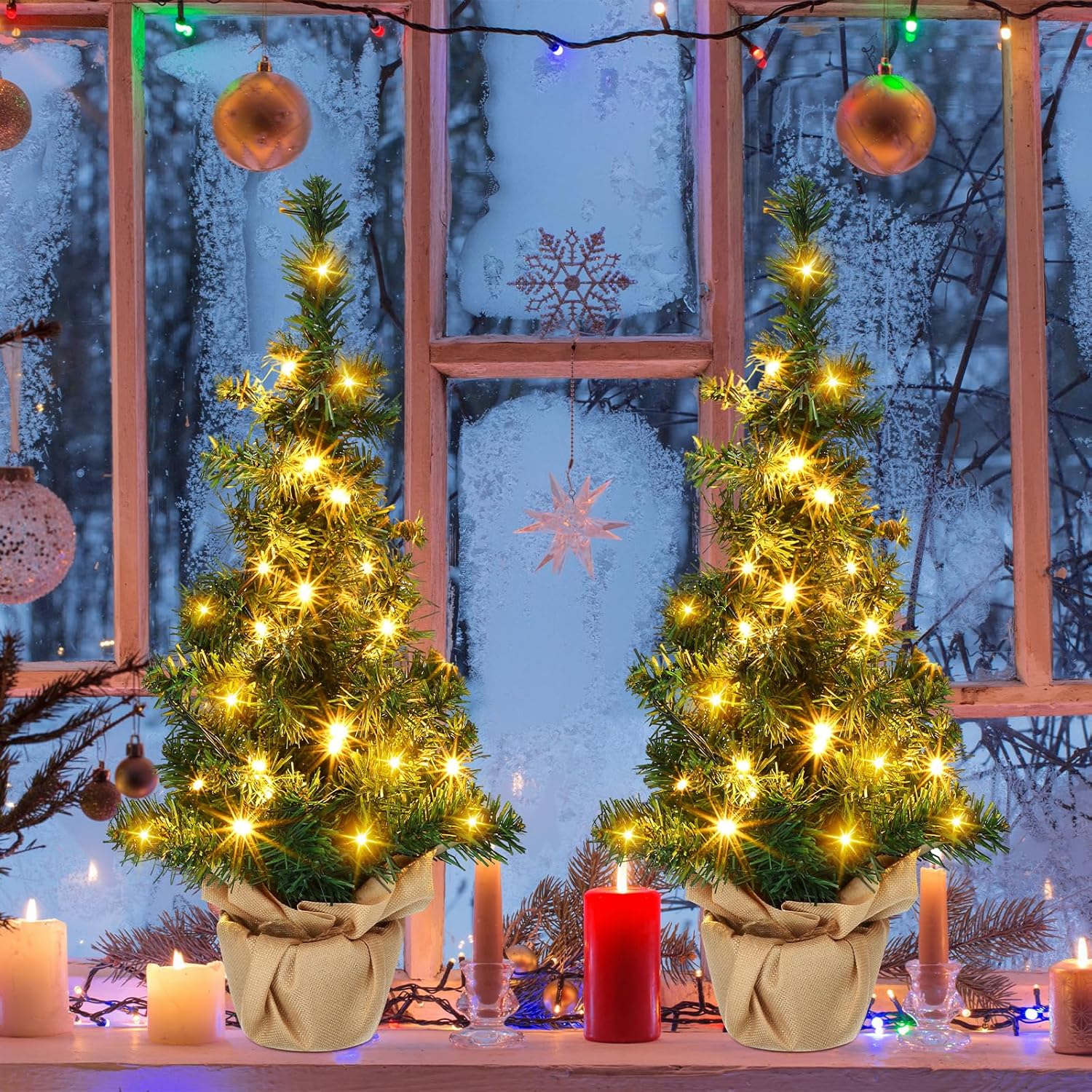 Paquete de 2 árboles de Navidad artificiales preiluminados de 24 ...