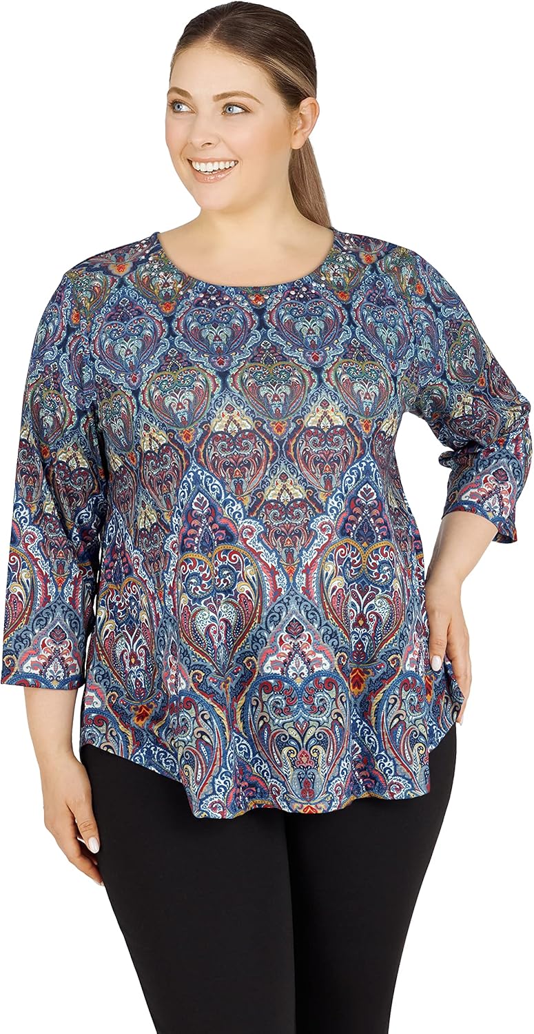 Ruby Rd. Womens Plus-Size Tapestry Sublimation Top Lapis Multi Size 1X ...