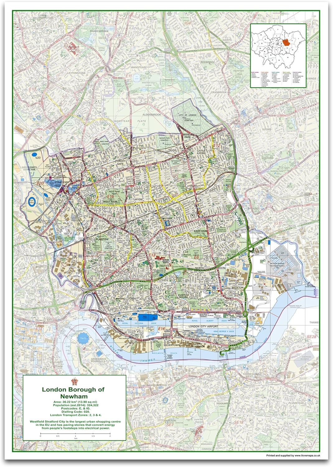 London Borough Map - Newham - Size A0-84.1 x 118.9cm - Paper Laminated ...