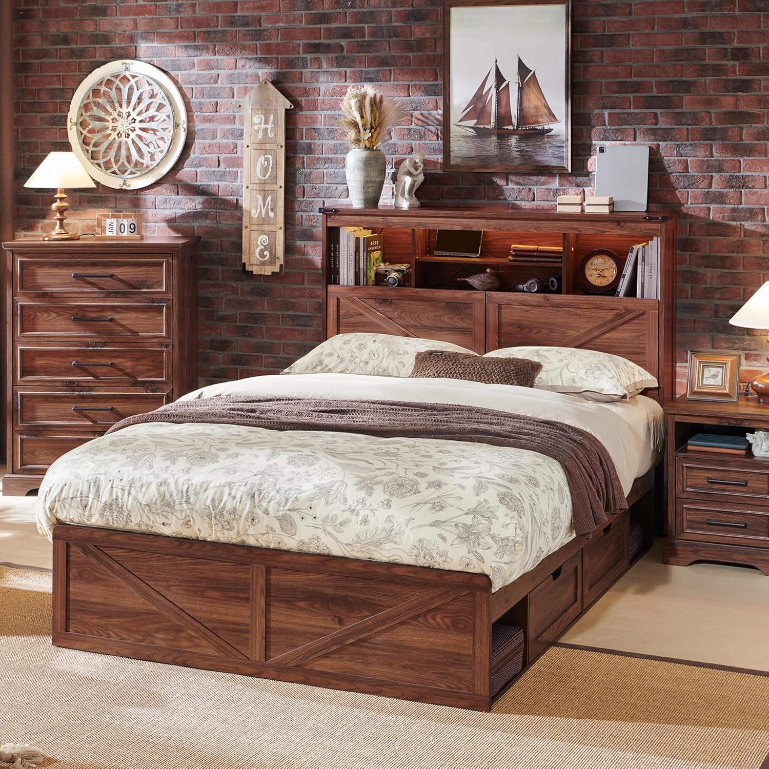 Amazon.com: ACCOHOHO Farmhouse Full Size Wood Bed Frame with 52" Tall ...