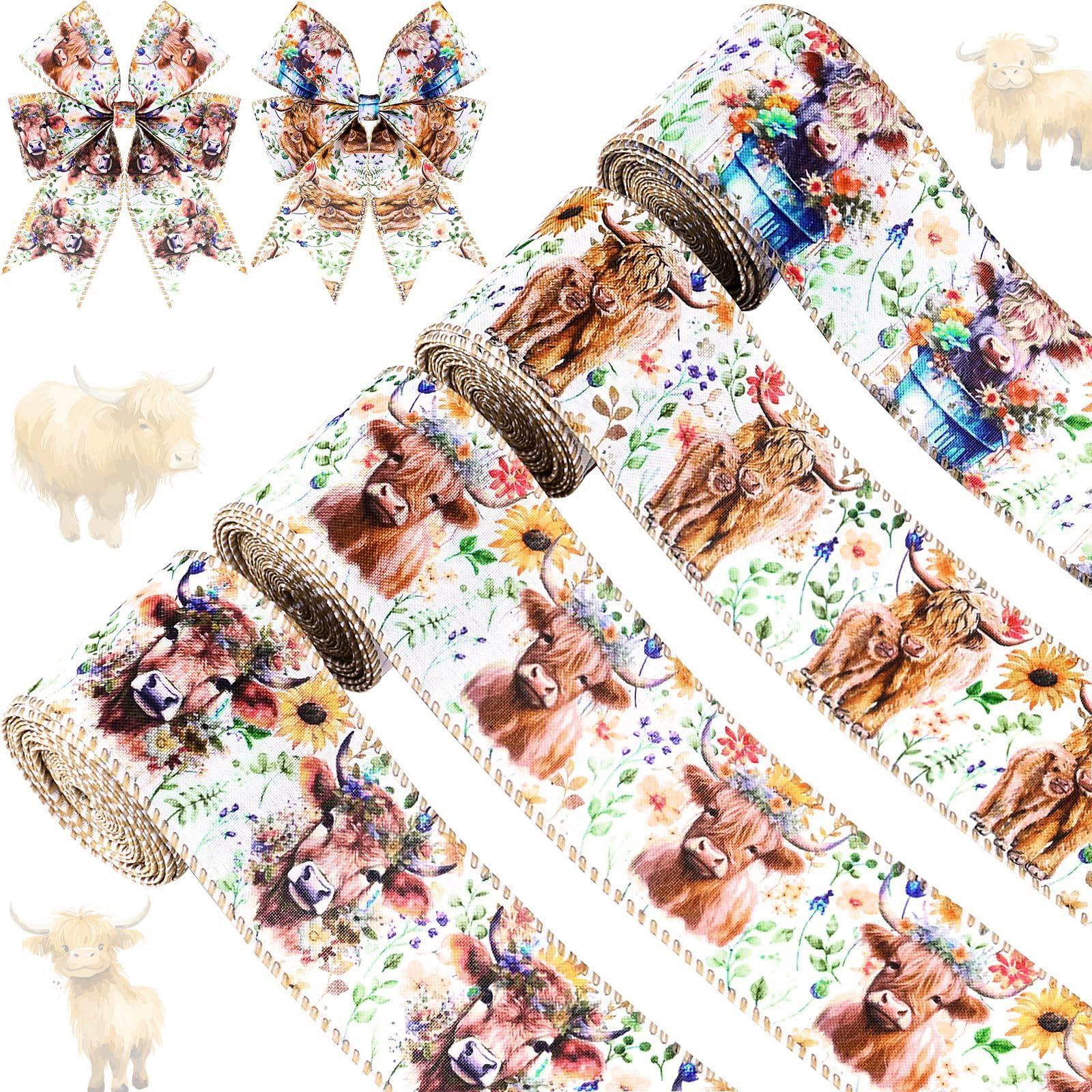 Amazon.com: 4Rolls 20 Yards Boho Floral Highland Cow Wired Edge Ribbon ...