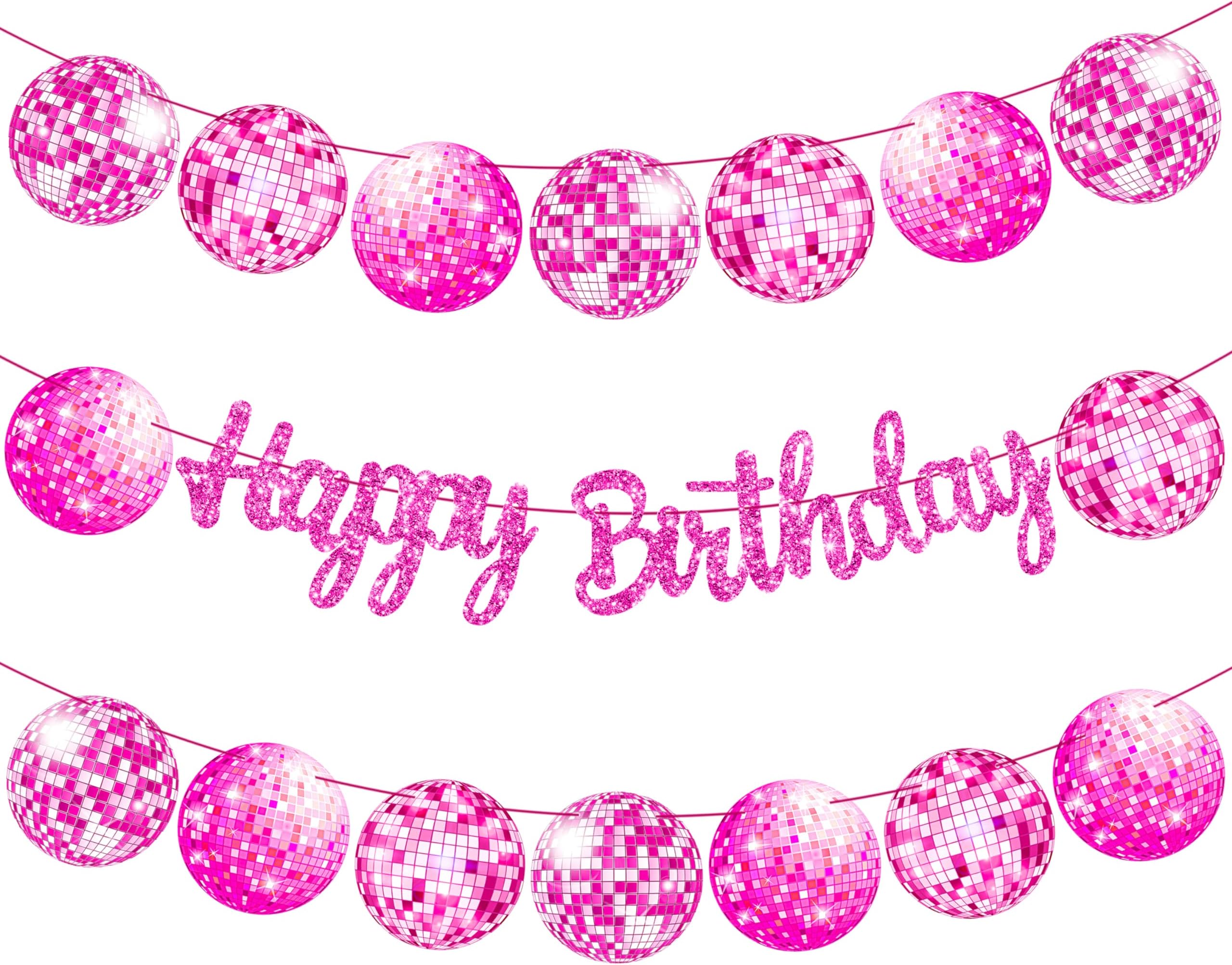 Amazon.com: 3Pcs Disco Ball Birthday Party Banner Decorations Hot Pink ...