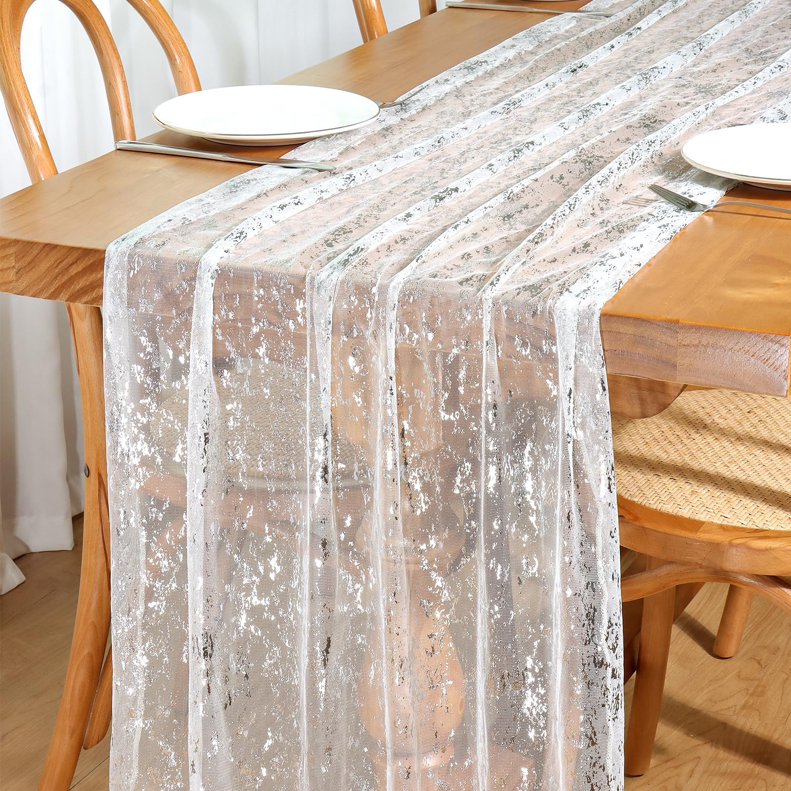 Amazon.com: LOMOHOO Sheer Silver Table Runner Metallic Silver Romantic ...