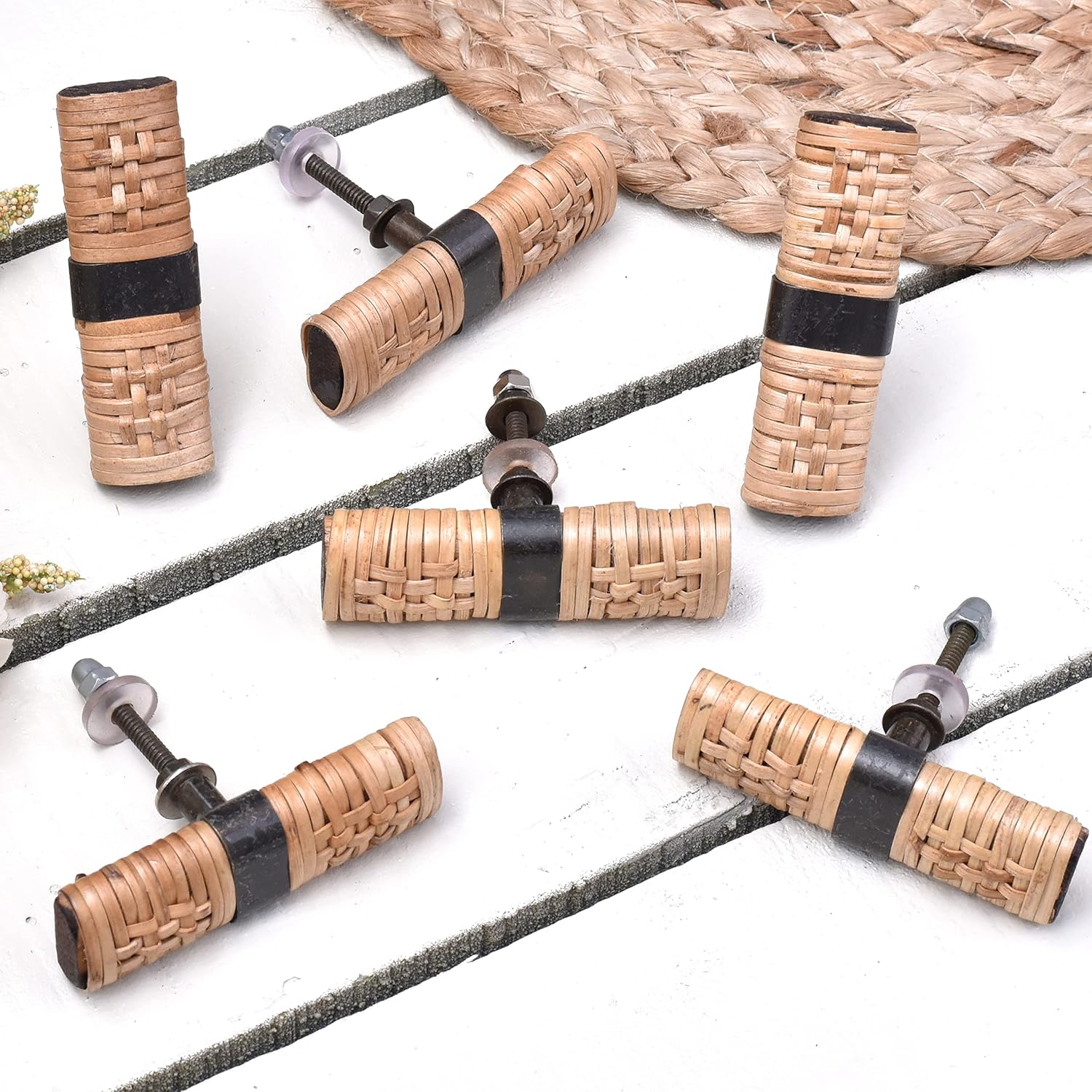 Indian-Shelf Natural Rattan Cabinet Knobs - 6 Pieces Wicker Drawer ...