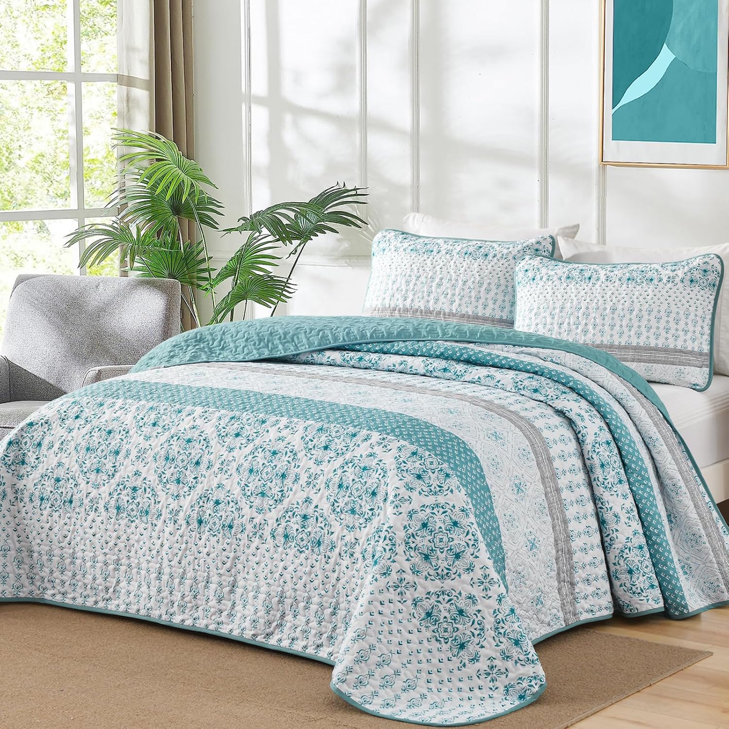 Amazon.com: Dintszyayue Aqua Quilt Set King Size, Boho Striped ...