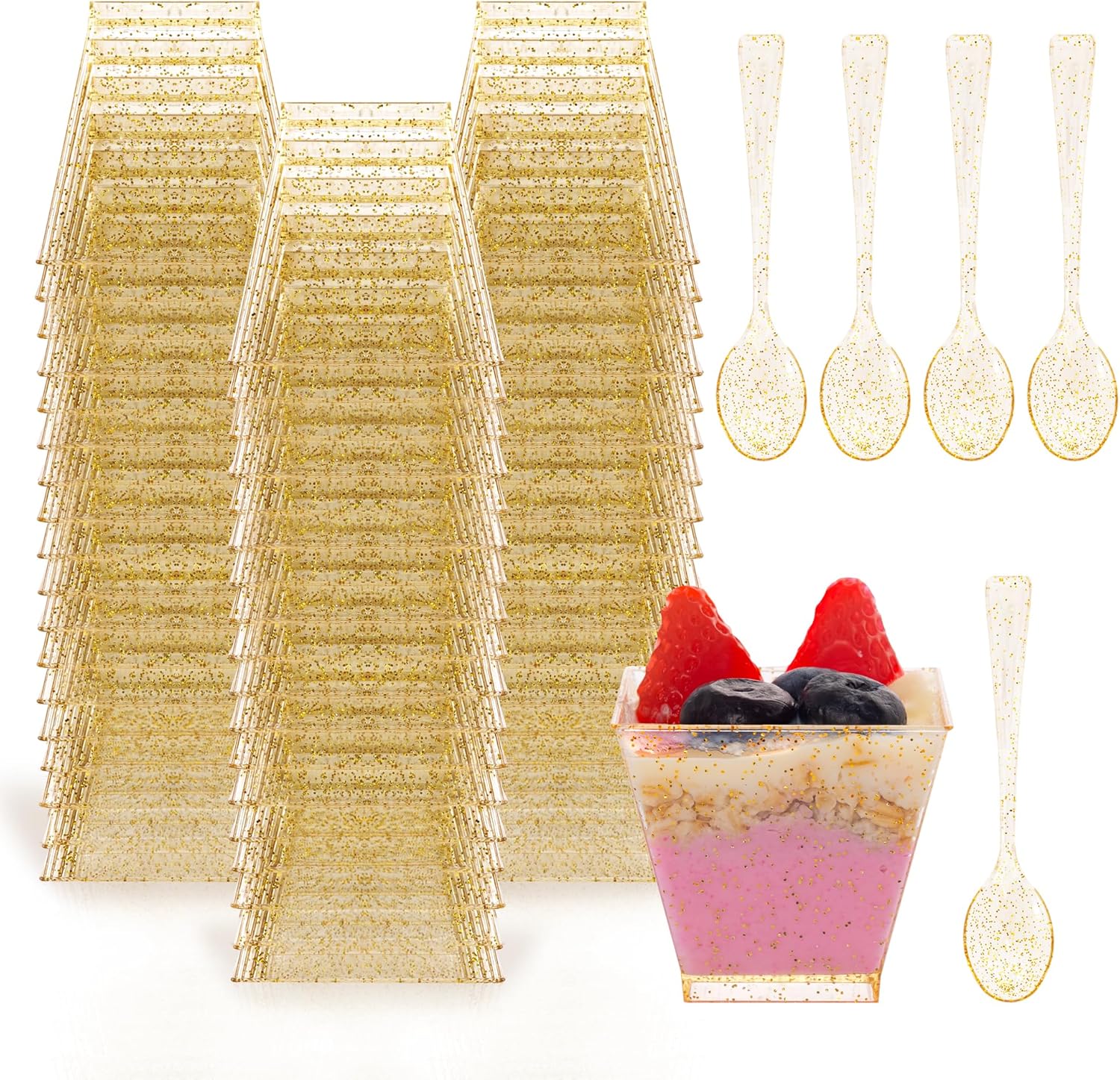 Amazon.com: I00000 2oz Gold Glitter Square Mini Plastic Dessert Cups, 2 ...