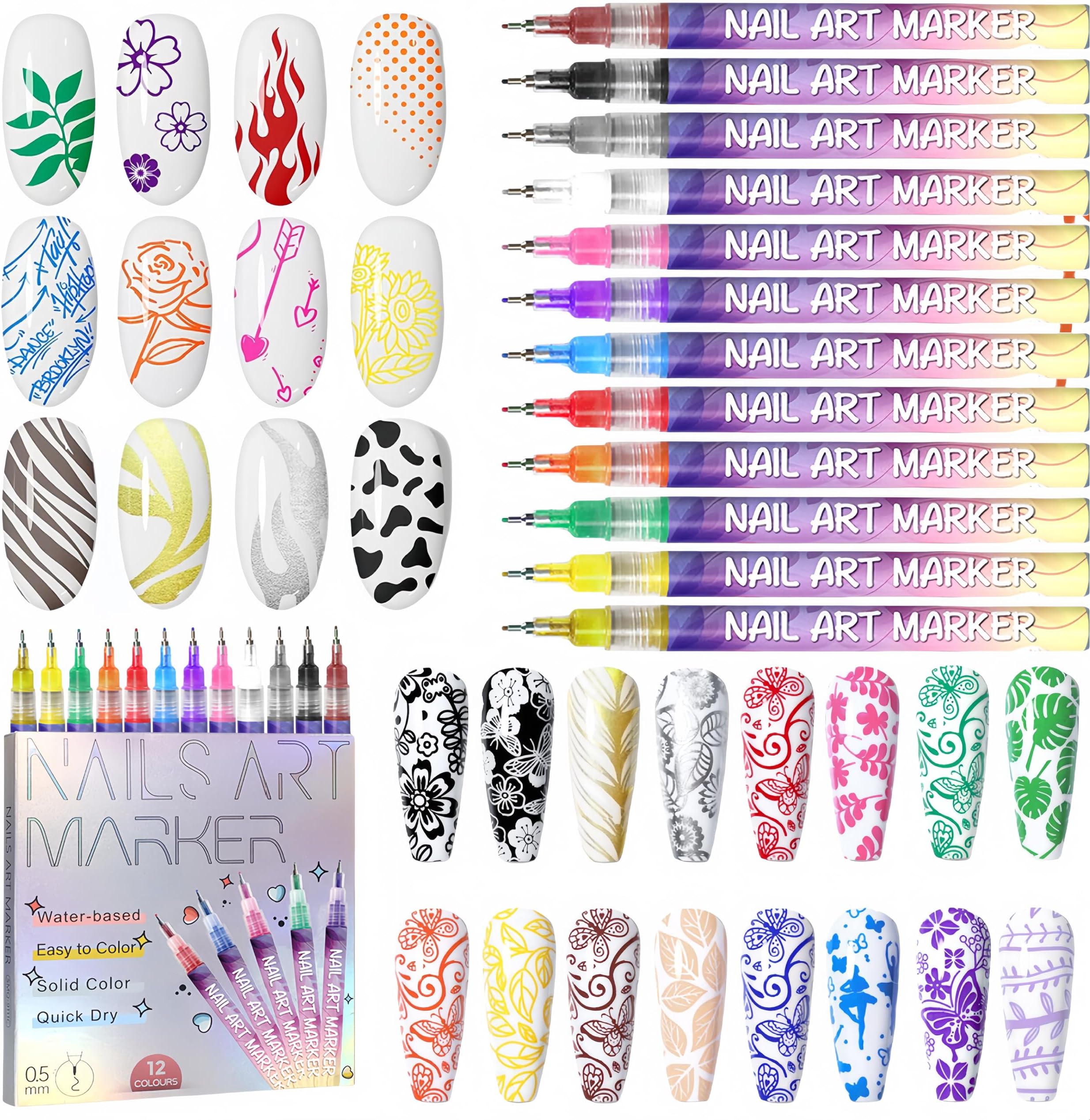 Amazon.com: AOKELEON 12 Colors Nail Art Pens Set 3D Nail Polish Pens ...