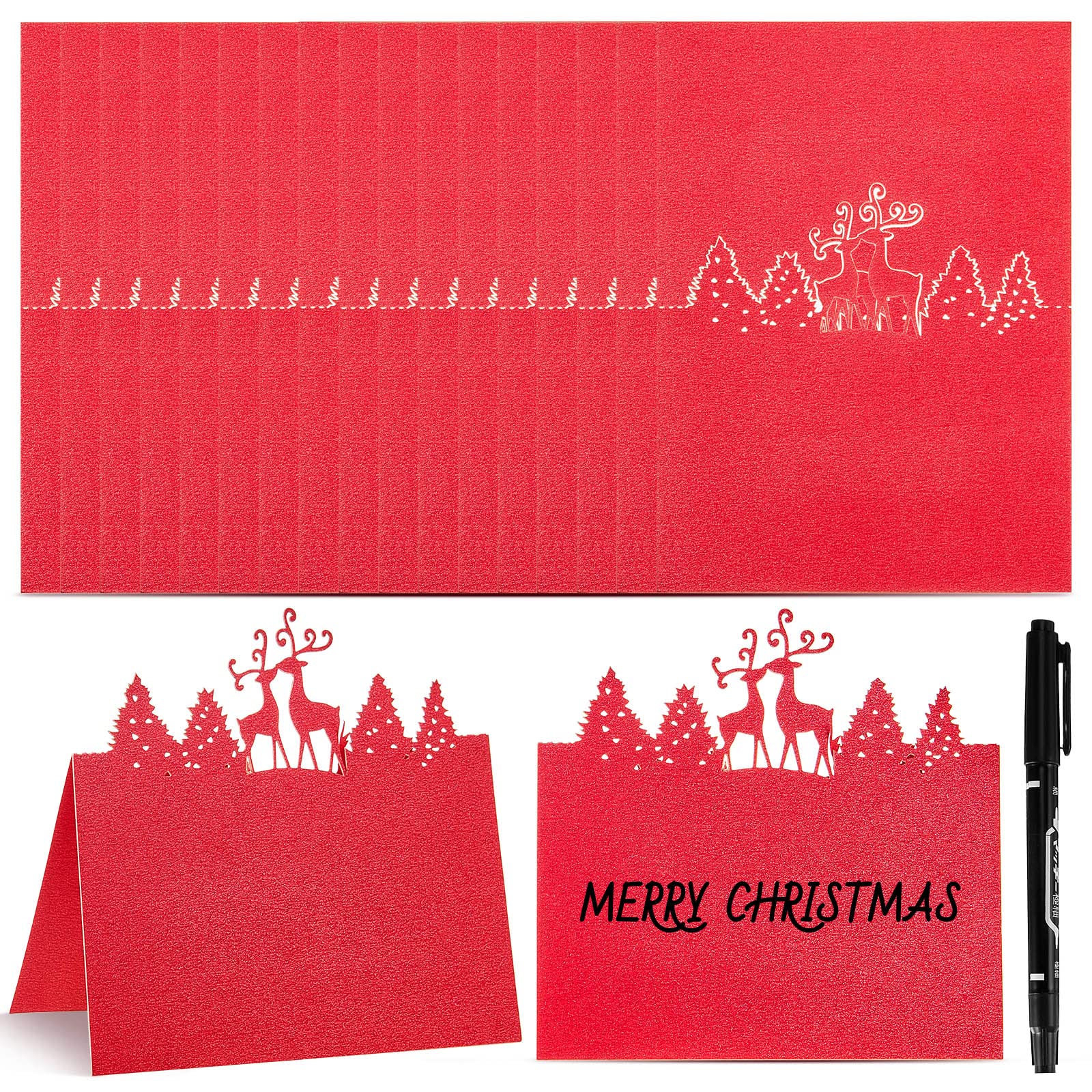 50 Pieces Christmas Glitter Reindeer Place Cards with Pen Christmas ...